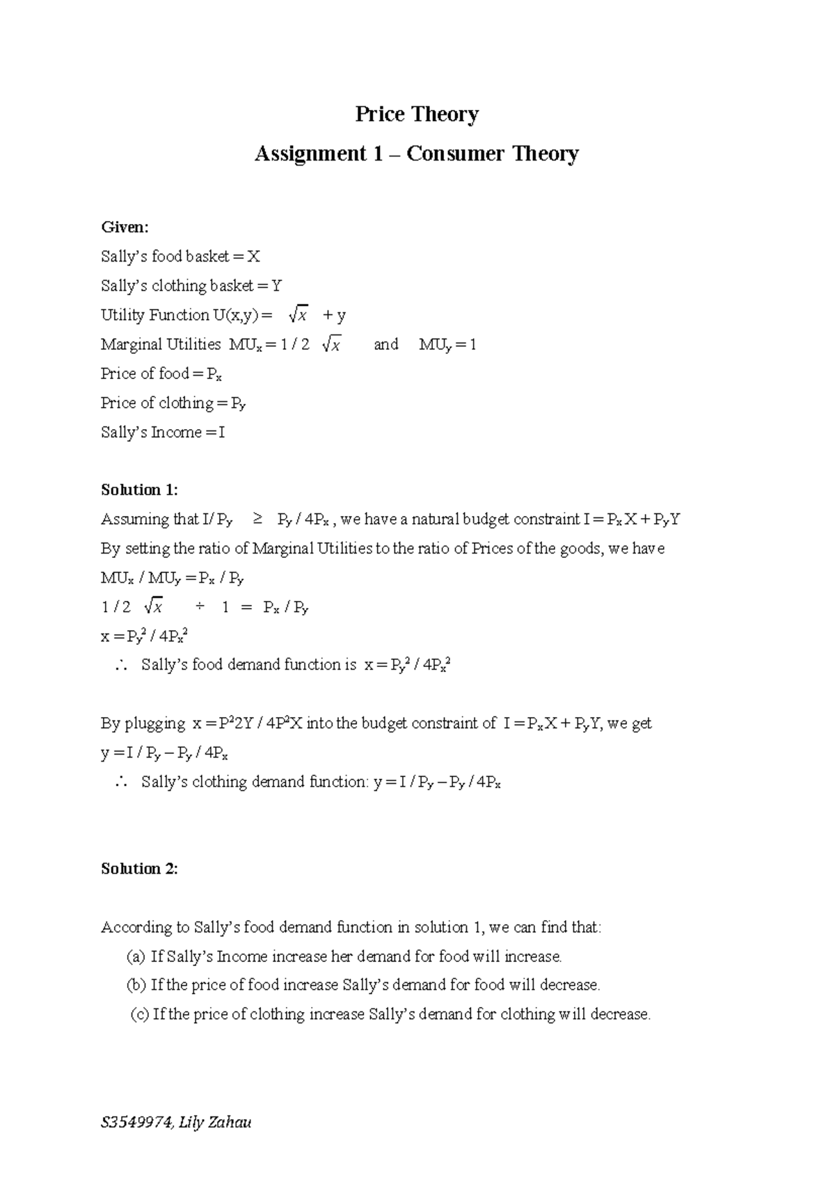 Price Theory, Assignment 1 - (b) If the price of food increase Sally’s ...