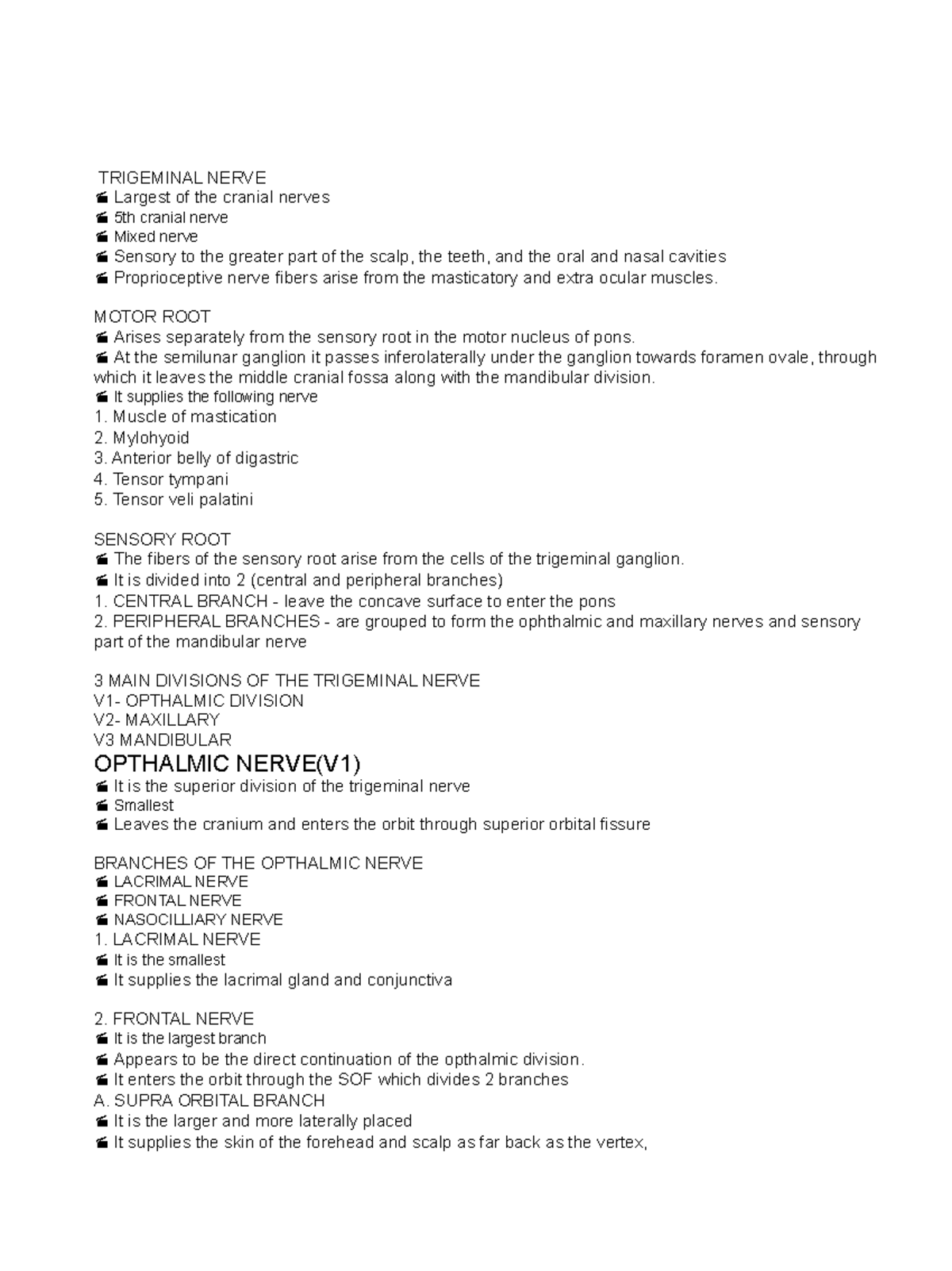 Ophthalmic Nerve - Lecture notes 1-10 - TRIGEMINAL NERVE Largest of the ...