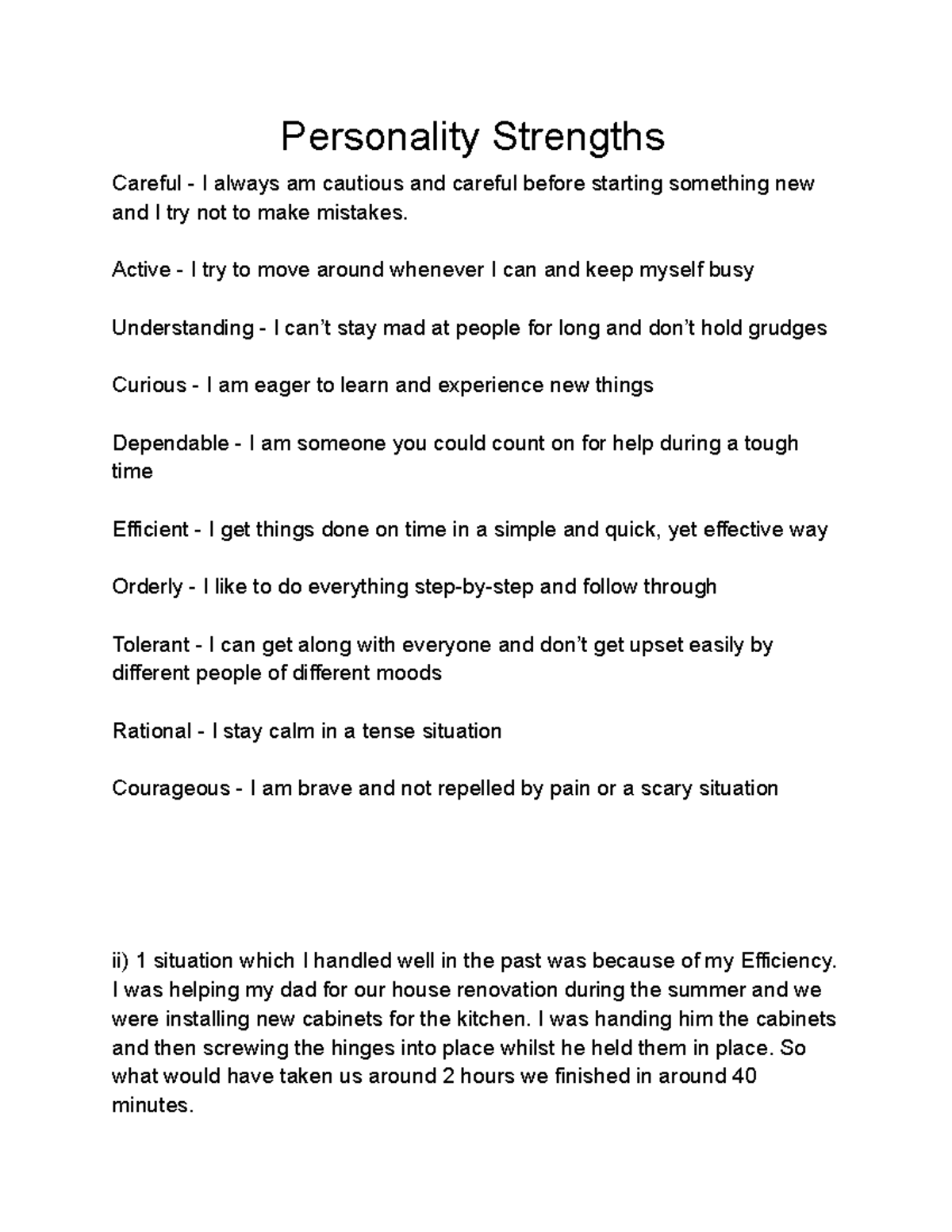 Untitled document - Hello - Personality Strengths Careful - I always am ...