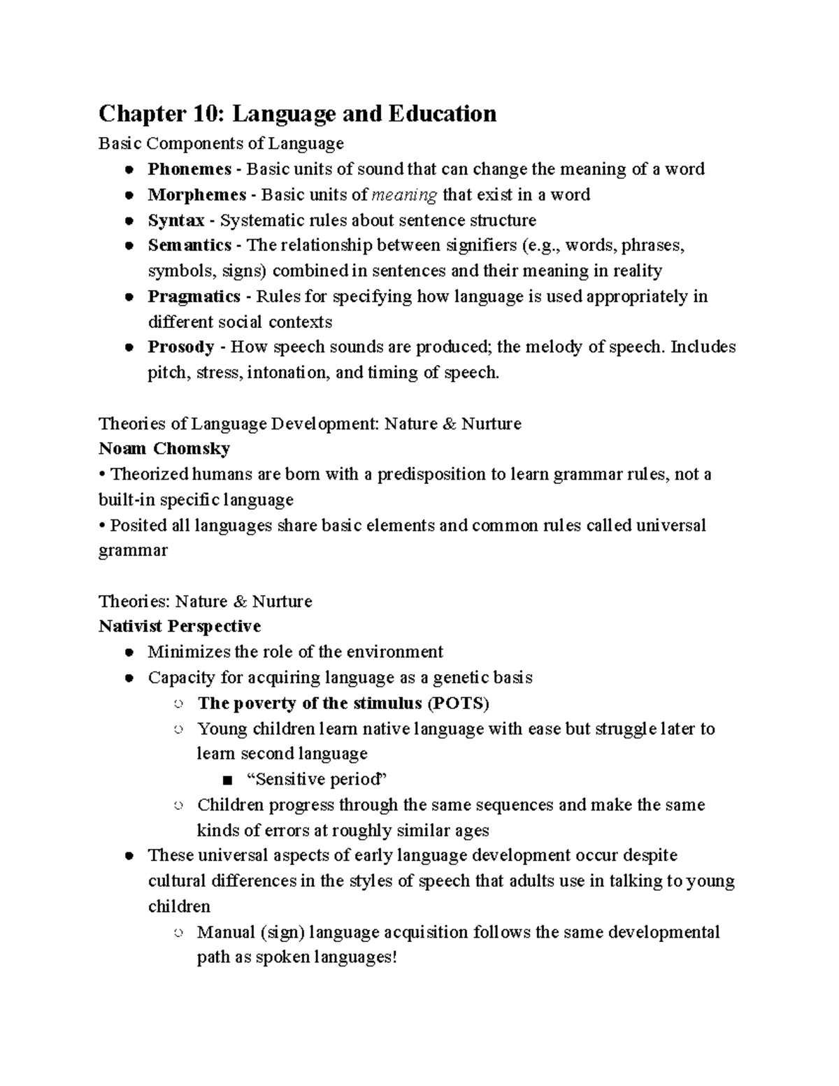 Psych 220 Exam 4 Study Guide - Chapter 10: Language and Education Basic Components of Language ...