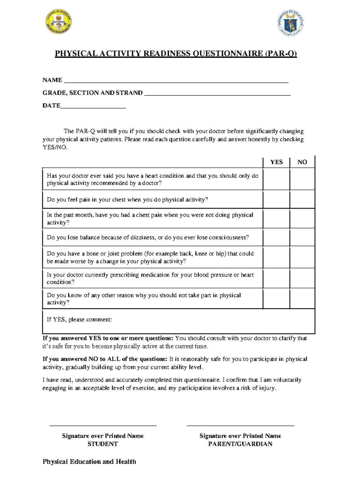 PARQ-Form-P - physical education - Physical Education and Health ...
