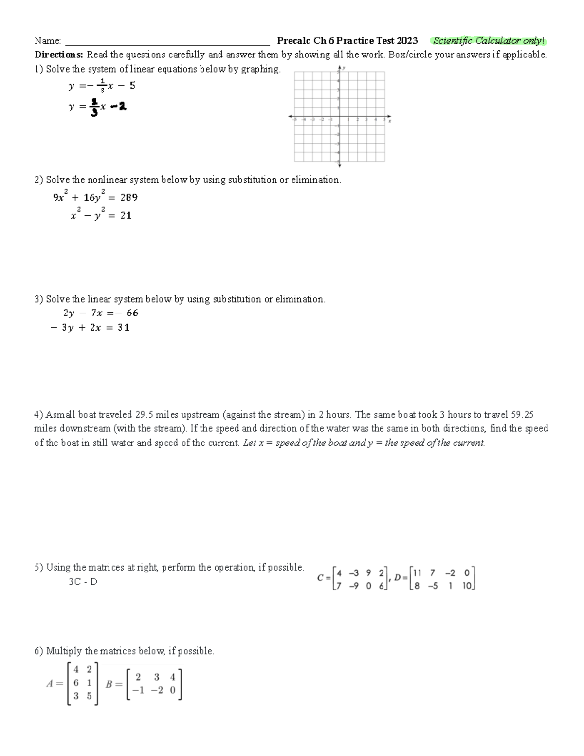 Precalculus Ch. 6 Practice Test 2023 Answers - Name