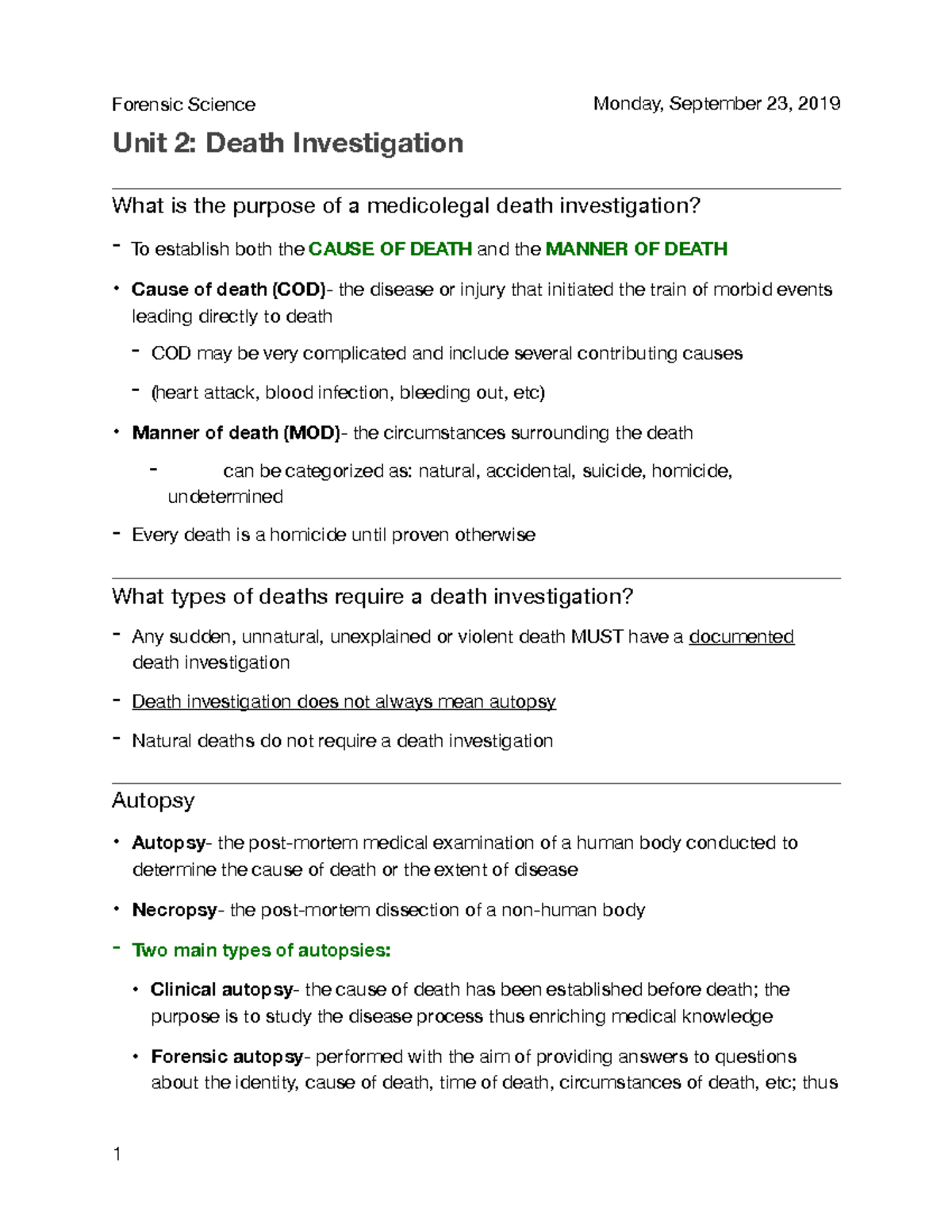 Death Investigation - Lecture notes Unit 2 - Forensic Science Monday ...
