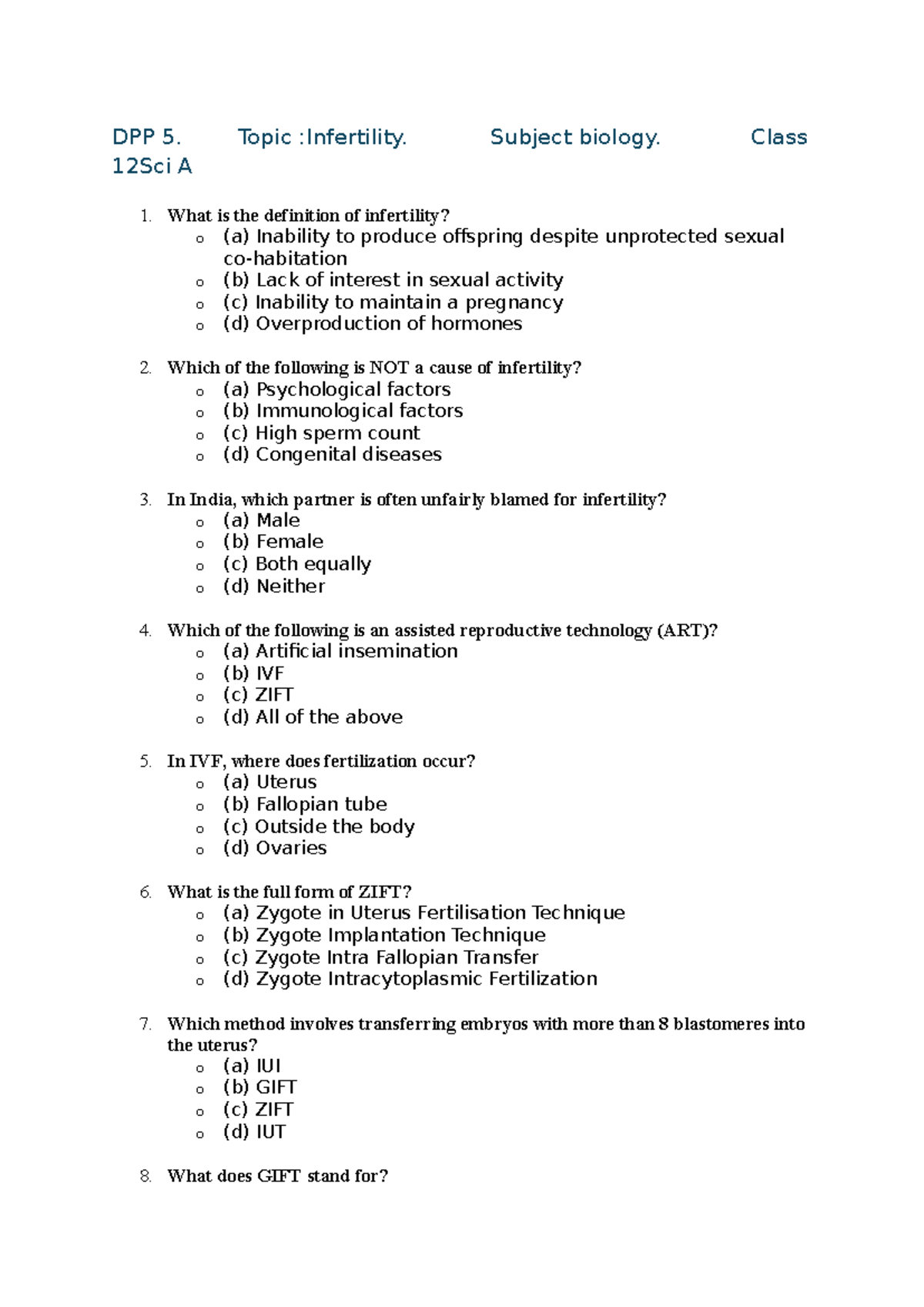 DPP 5 12th science (A) - Biology notes - DPP 5. Topic :Infertility ...