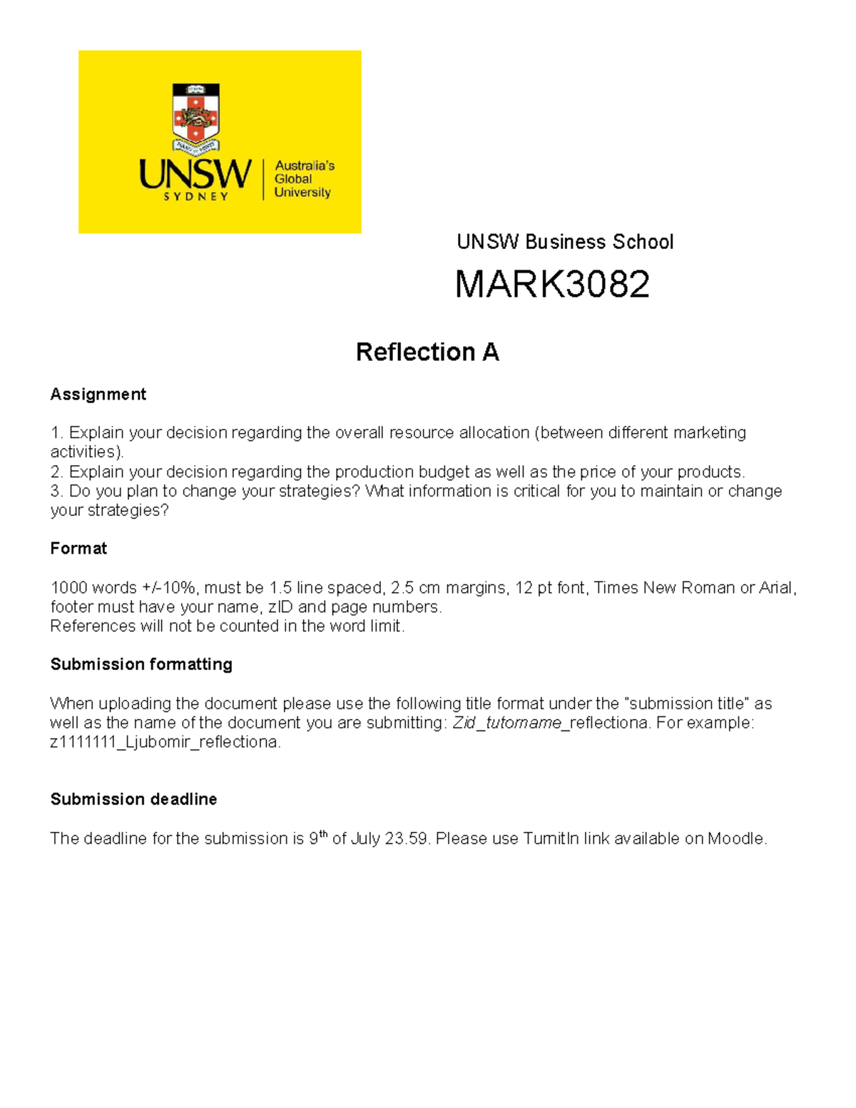 Reflection A Outline - UNSW Business School MARK Reflection A ...