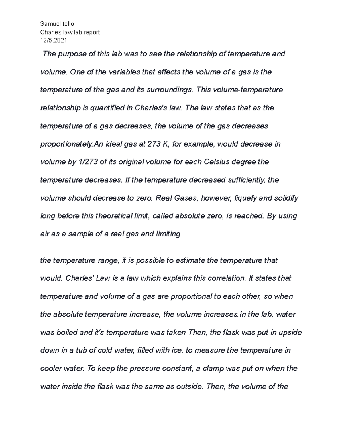 Charles law lab report - Samuel telloCharles law lab report 12/5. The ...