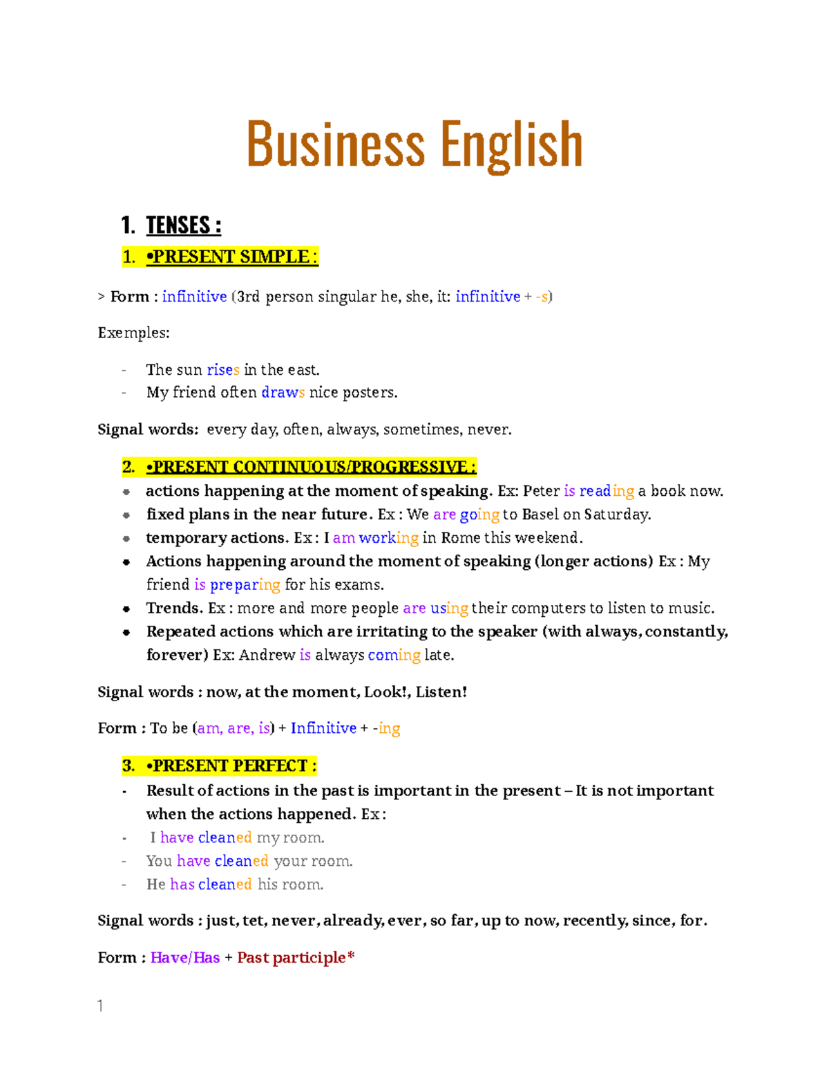 Business English - TENSES : 1. •PRESENT SIMPLE : Form : infinitive (3rd ...