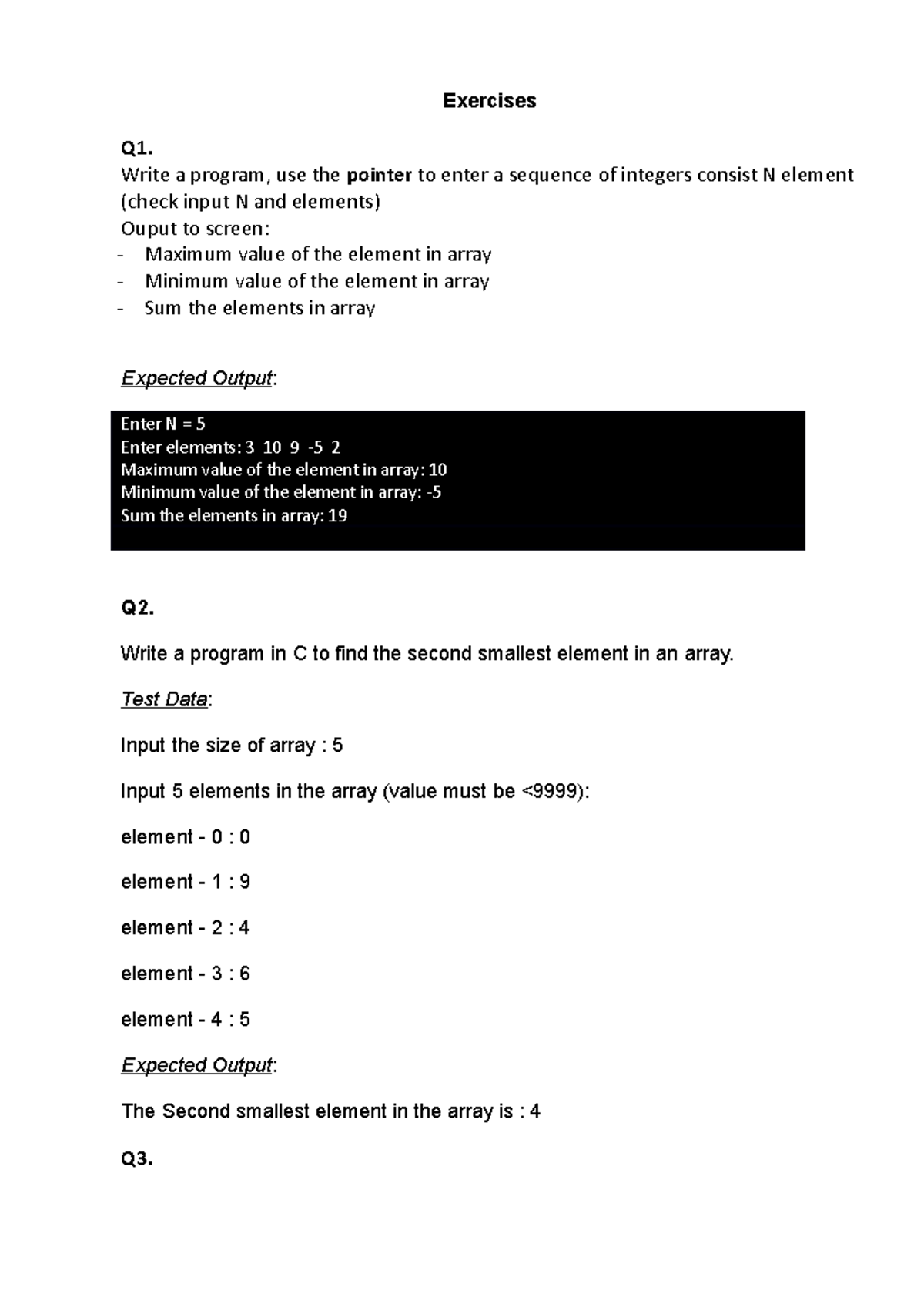 Exercises Review - ĐẸP - Exercises Q1. Write a program, use the pointer to enter a sequence of ...