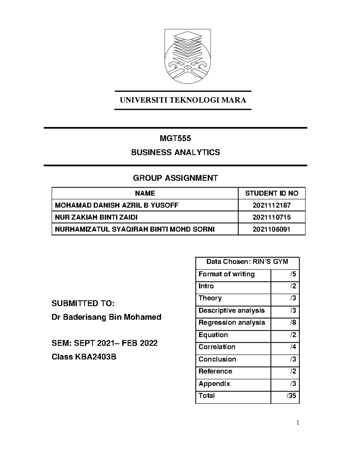 MGT555 Group Assignment (RIN'S GYM) - UNIVERSITI TEKNOLOGI MARA MGT ...