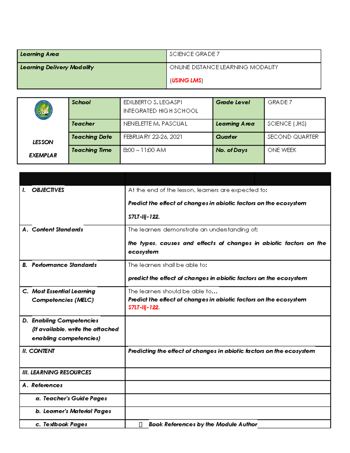Pascual, Nenelette M. Lesson Exemplar DEMO - Learning Area SCIENCE ...