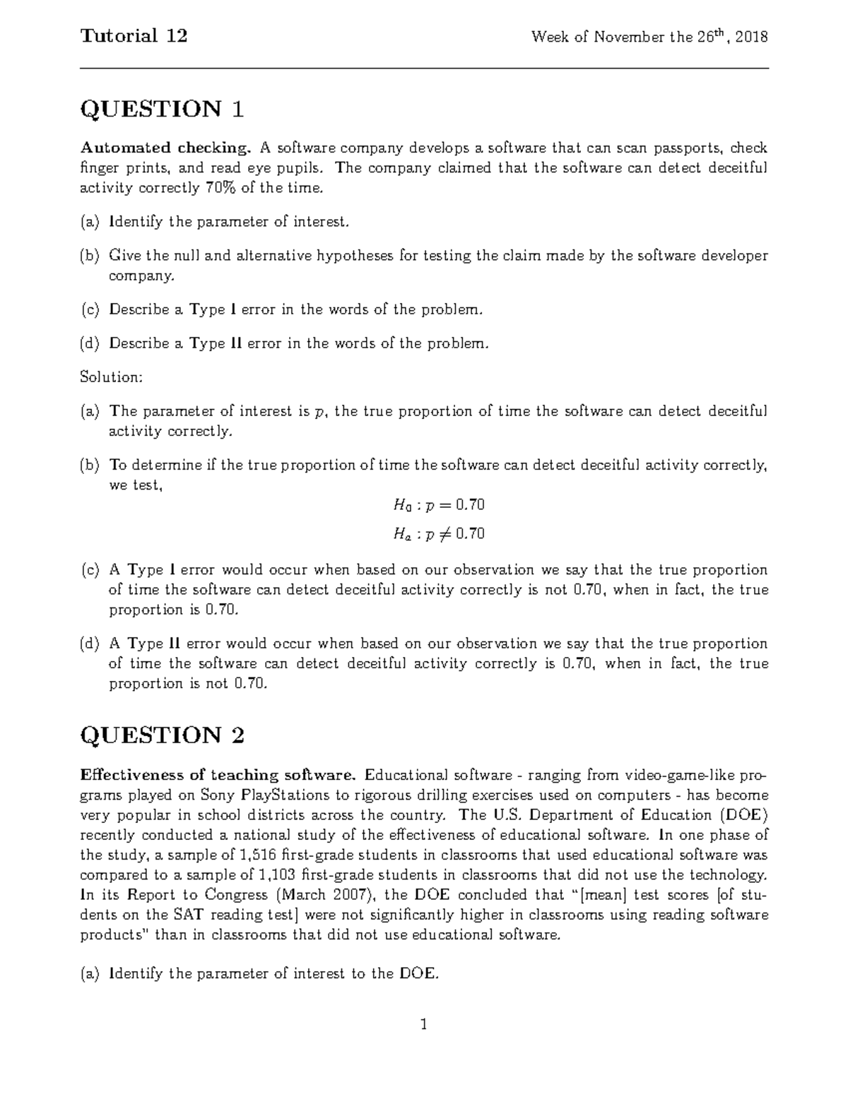 Tutorial 12 Solutions - Tutorial 12 Week of November the 26th , 2018 ...