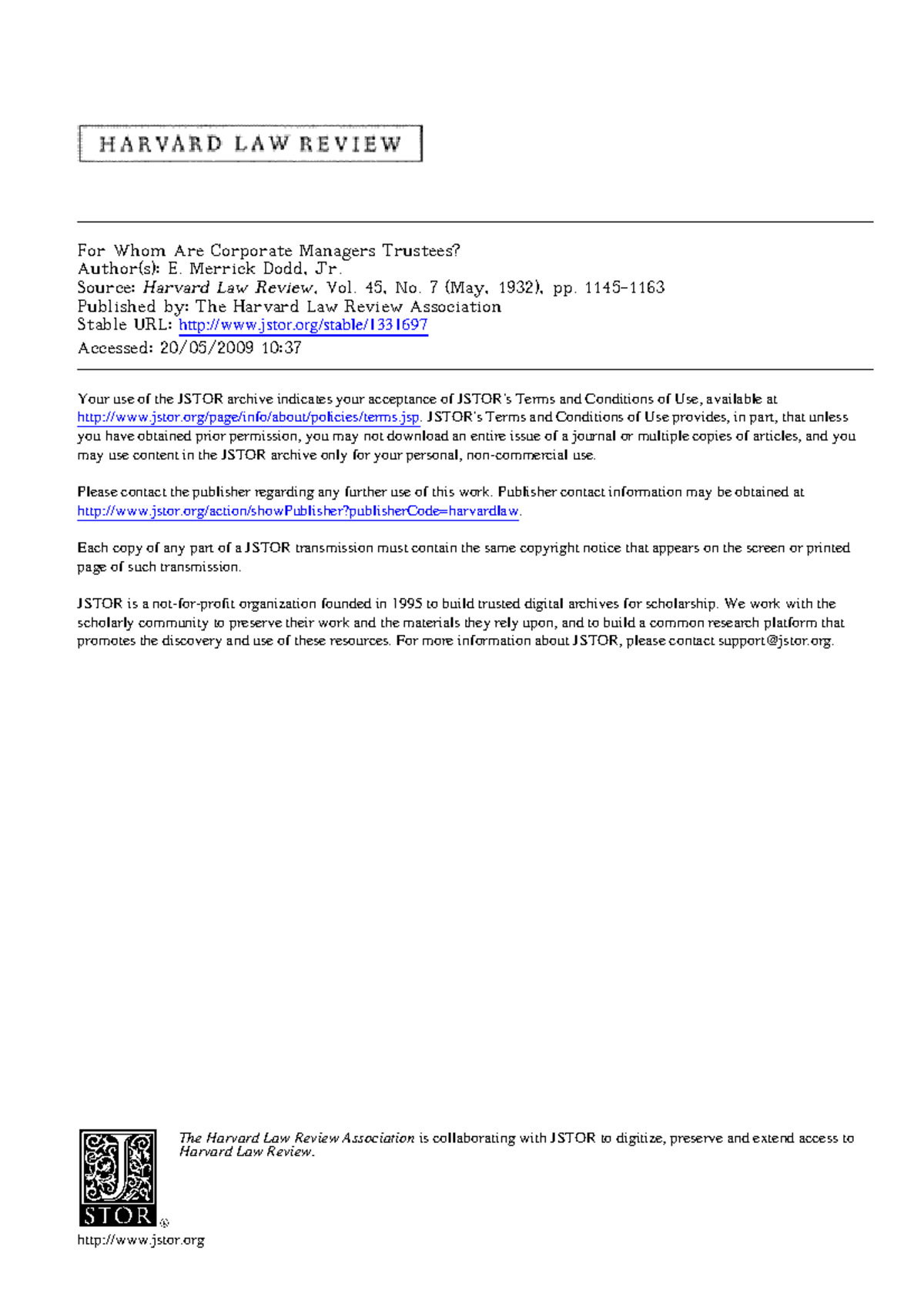 Merrick, E. Dodd Jr “For Whom Are Corporate Managers Trustees” - For ...