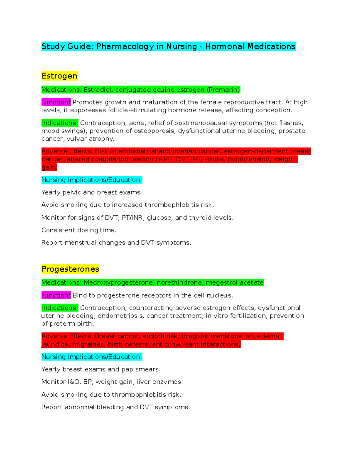 Reproductive part 1 - pharm classes - Study Guide: Pharmacology in ...