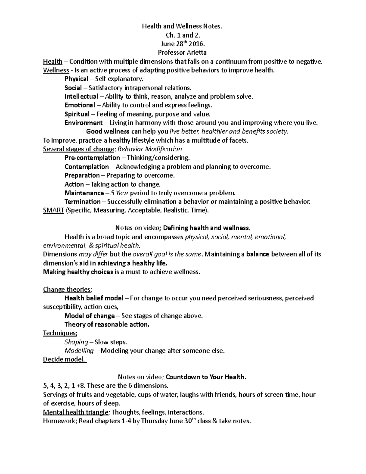 WCC Health Notes - Health and Wellness Notes. Ch. 1 and 2. June 28th ...