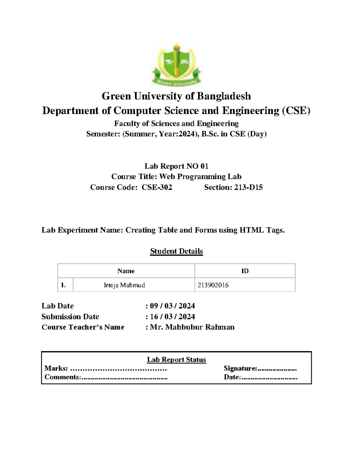 Lab Report 01(WP) - Green University of Bangladesh Department of ...