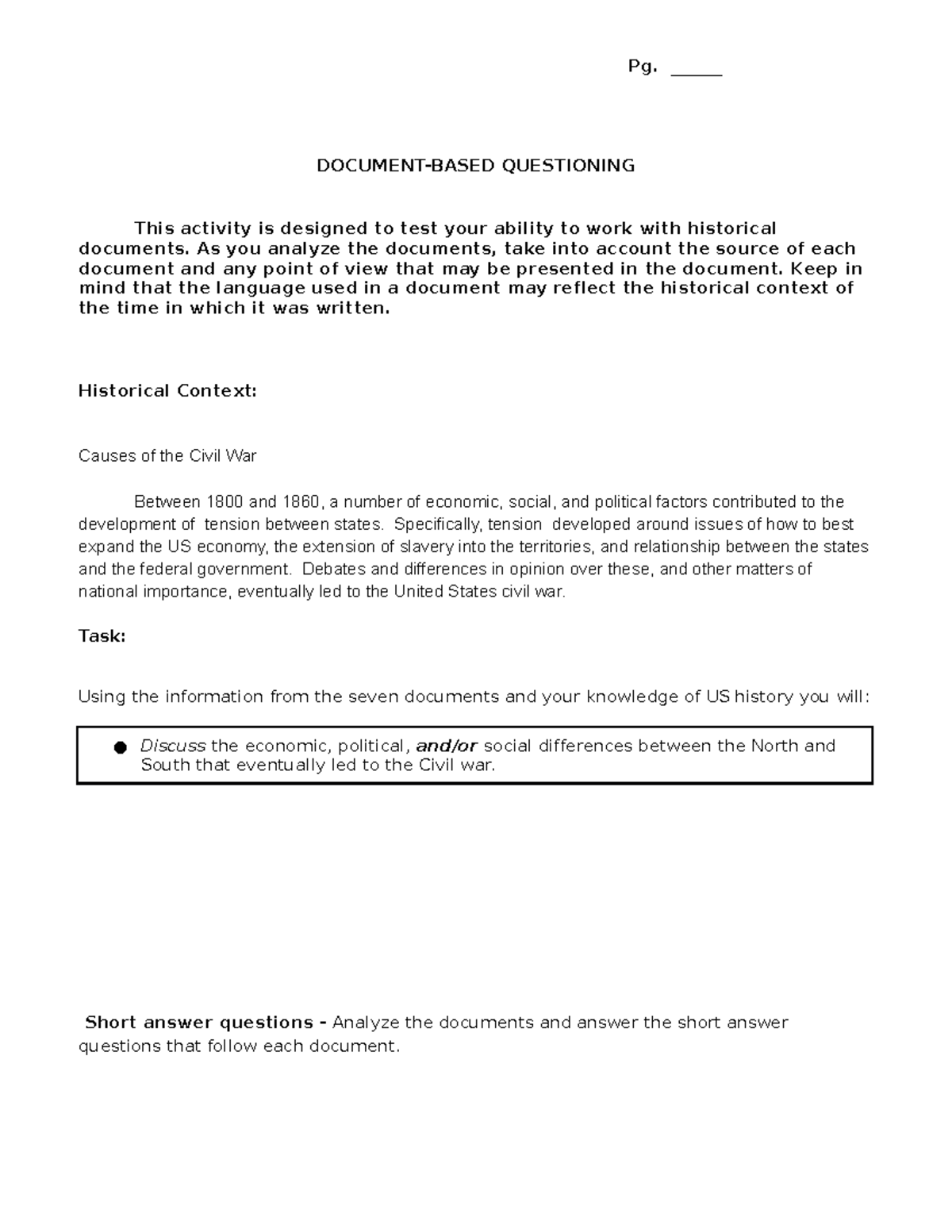 DBQ - Causes of the Civil War 2 - Pg. ______ DOCUMENT-BASED QUESTIONING ...