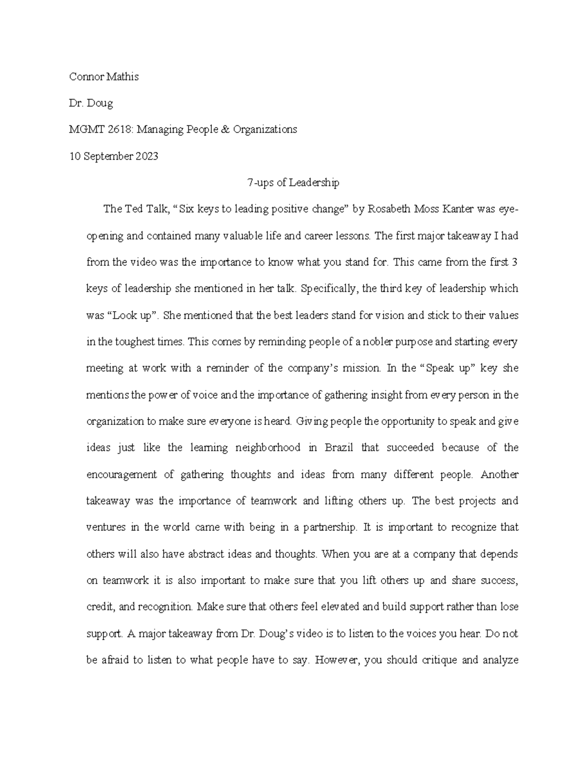 7 Ups of leadership - 7 ups - Connor Mathis Dr. Doug MGMT 2618 ...