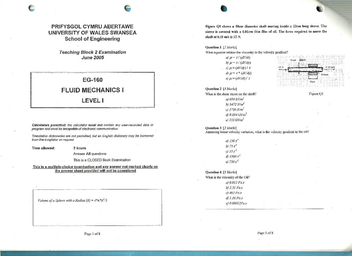 Fluidmechanics 12005 - Past Papers - EG-160 - Studocu