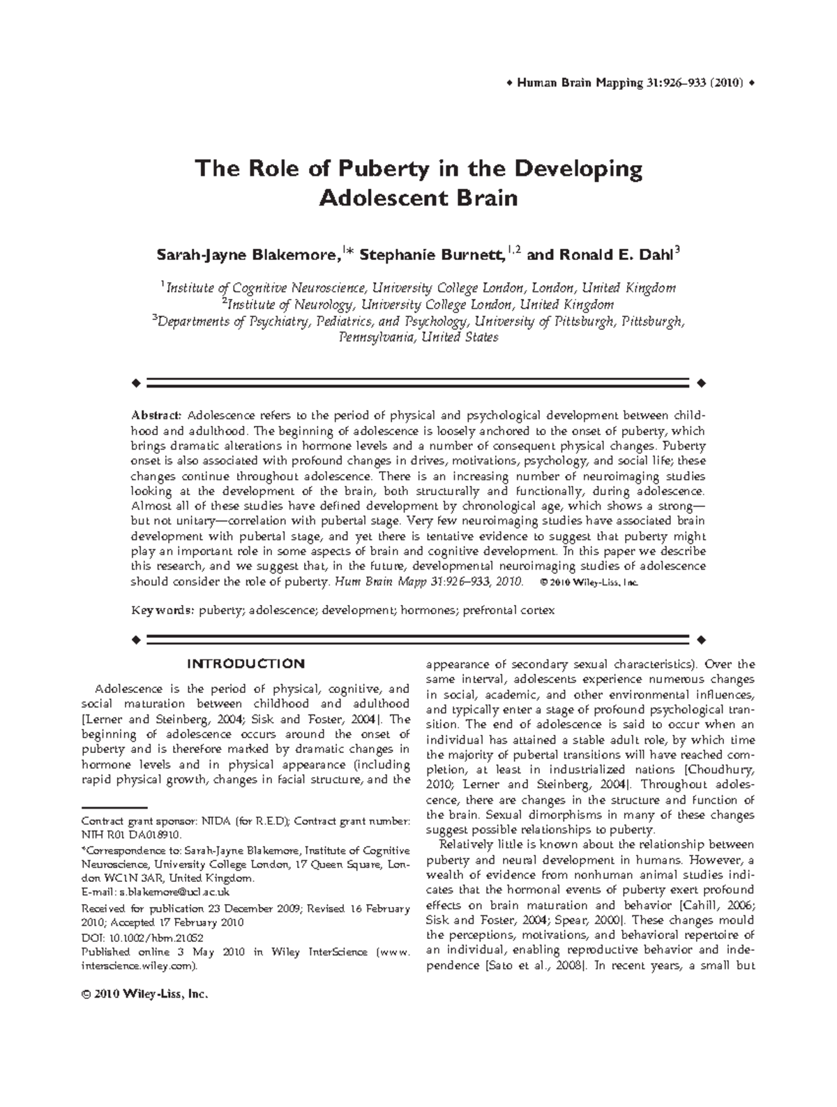 Artikel de rol van de hersenen in puberteit - Onderzoekspracticum cross ...