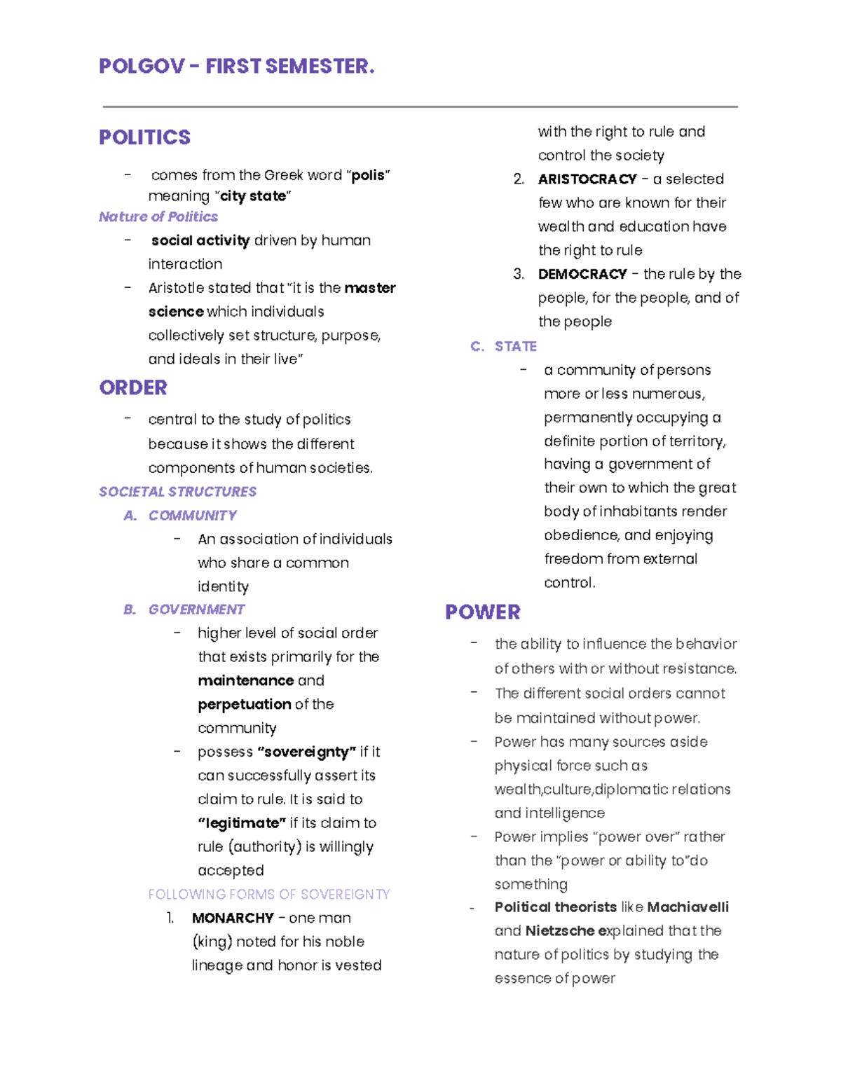 Polgov Reviewer - POLITICS - comes from the Greek word “polis” meaning ...