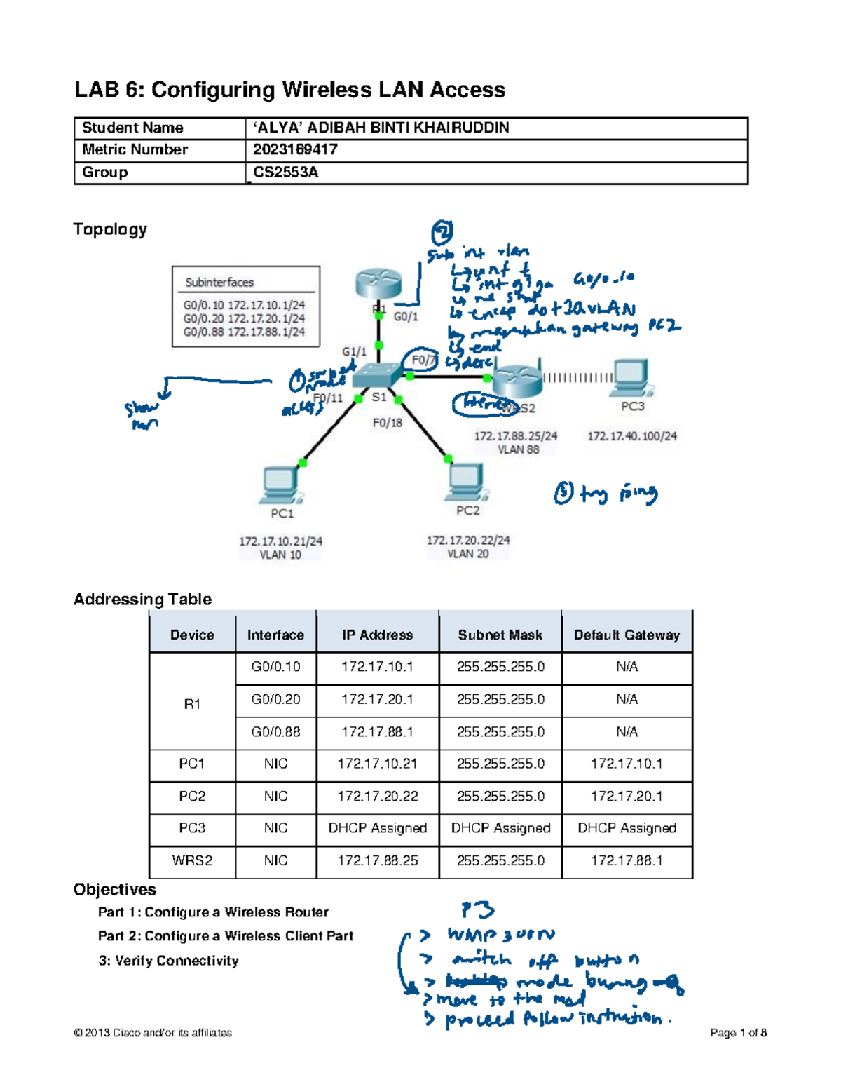 lab work lab 3-hope this will help and - LAB 6: Configuring Wireless LAN Access Student Name ...