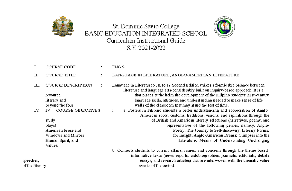 CIG English 9 - curriculum guide for grade 9 - St. Dominic Savio ...