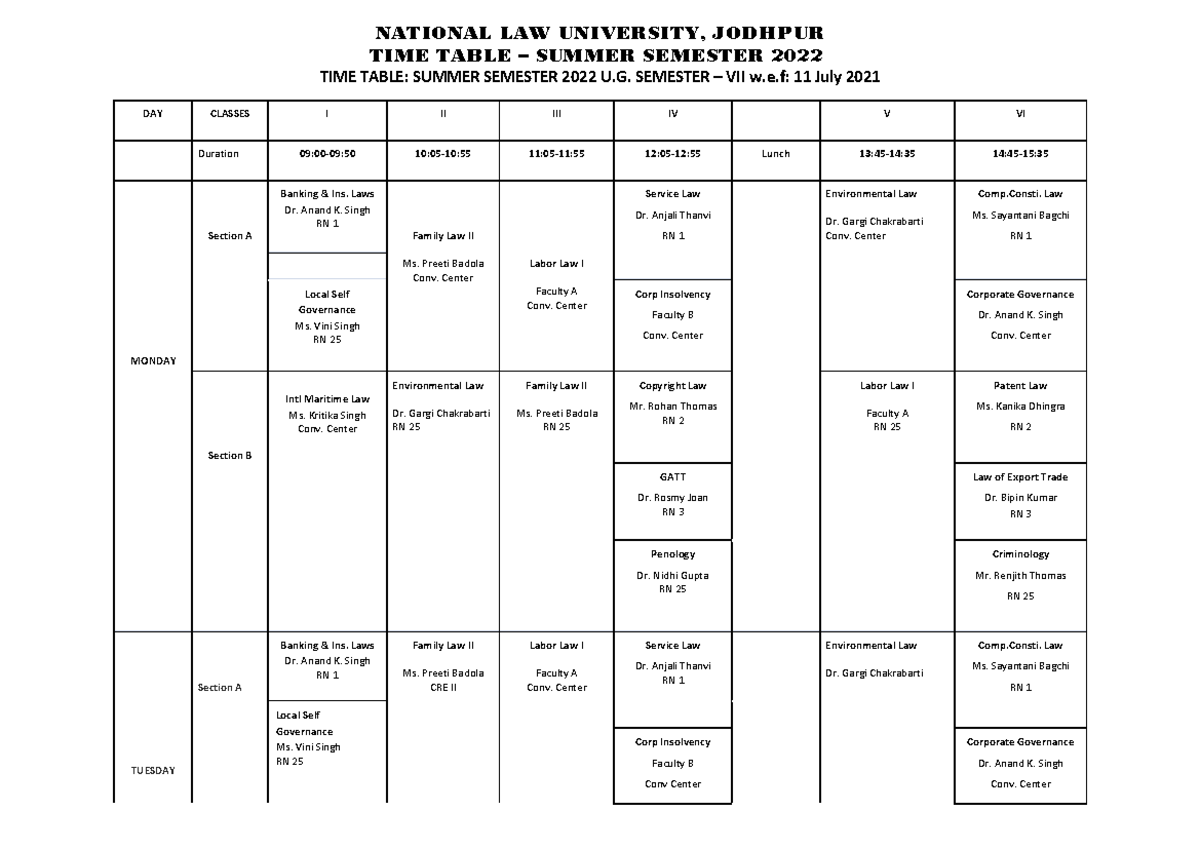 7th Semester Time Table TIME TABLE SUMMER SEMESTER 2022 TIME TABLE