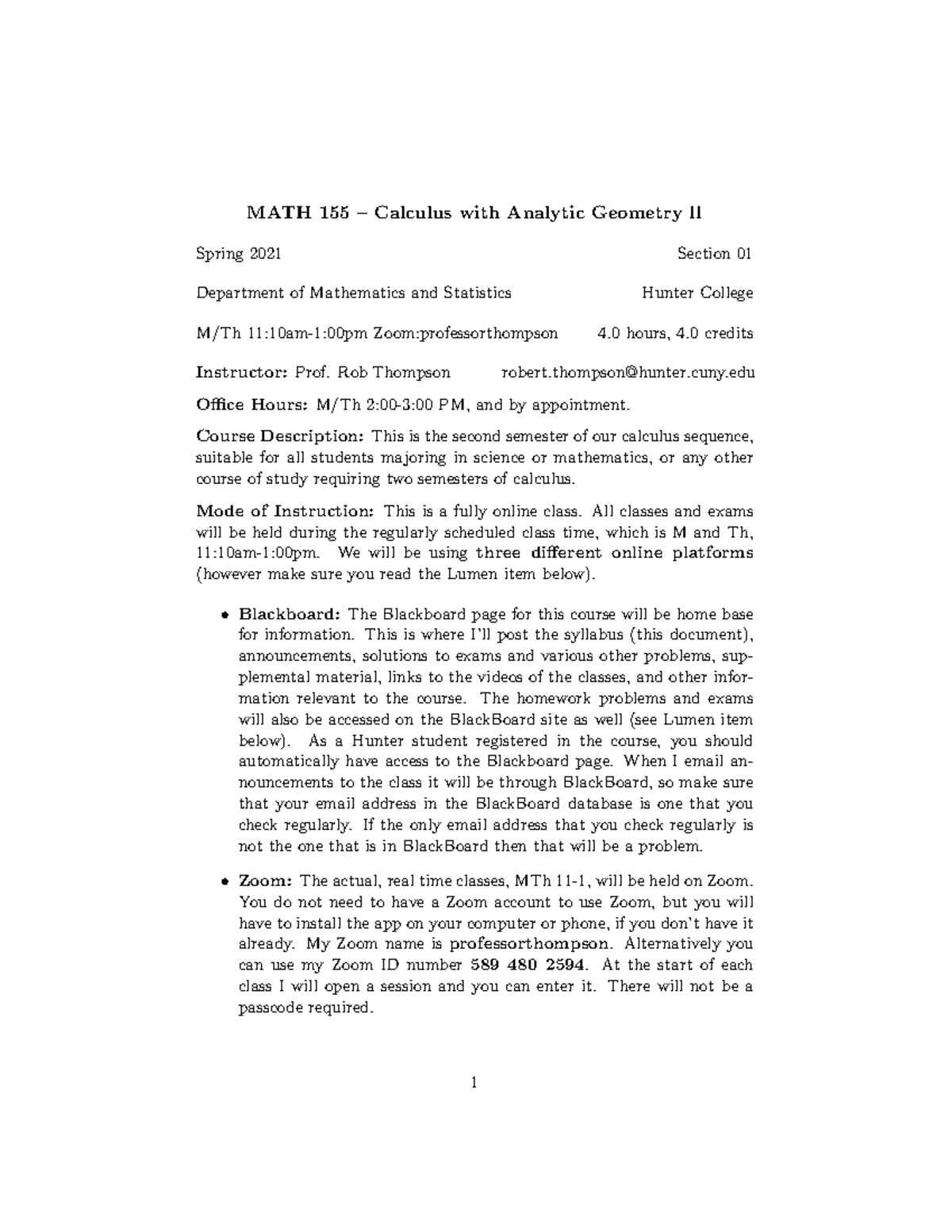 Math 155 Syllabus - MATH 155 – Calculus with Analytic GeometryII Spring ...