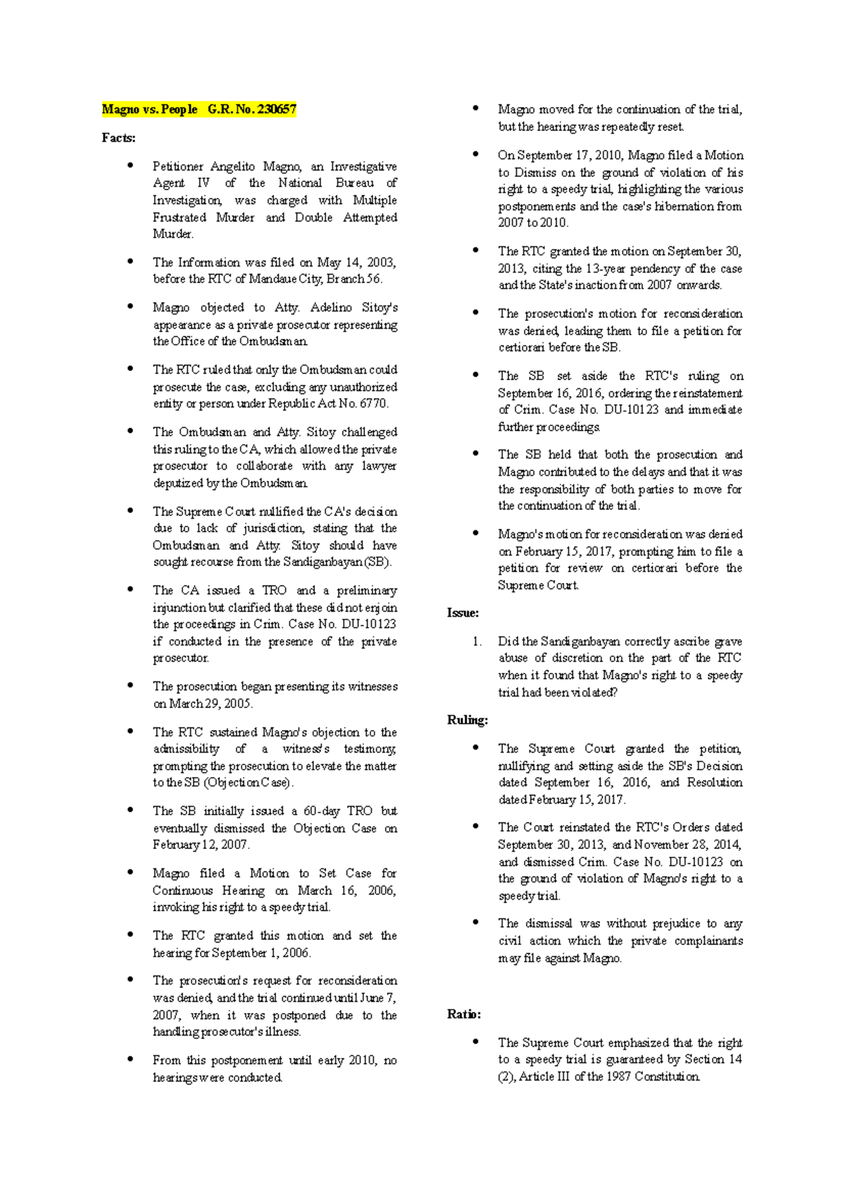RULE 119 Cases - Summary Remedial Law - Magno vs. People G. No. 230657 ...