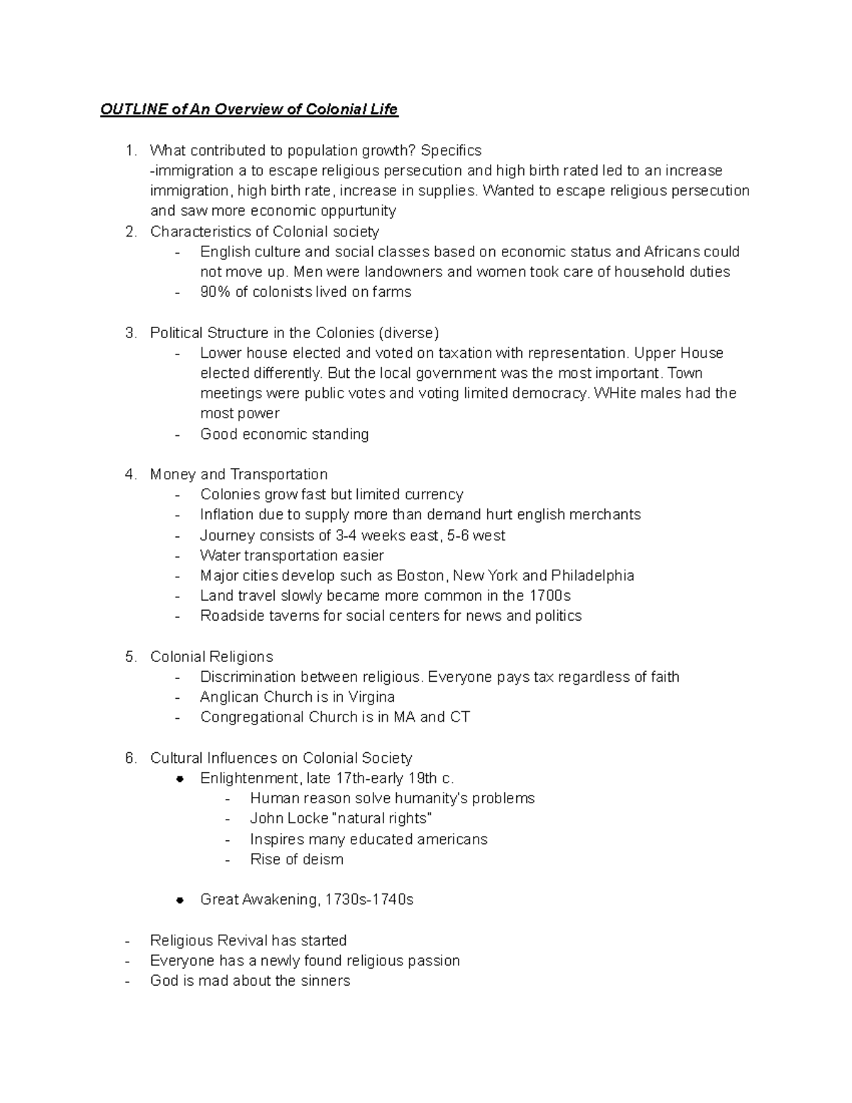 Outline of An Overview of Colonial Life - OUTLINE of An Overview of ...