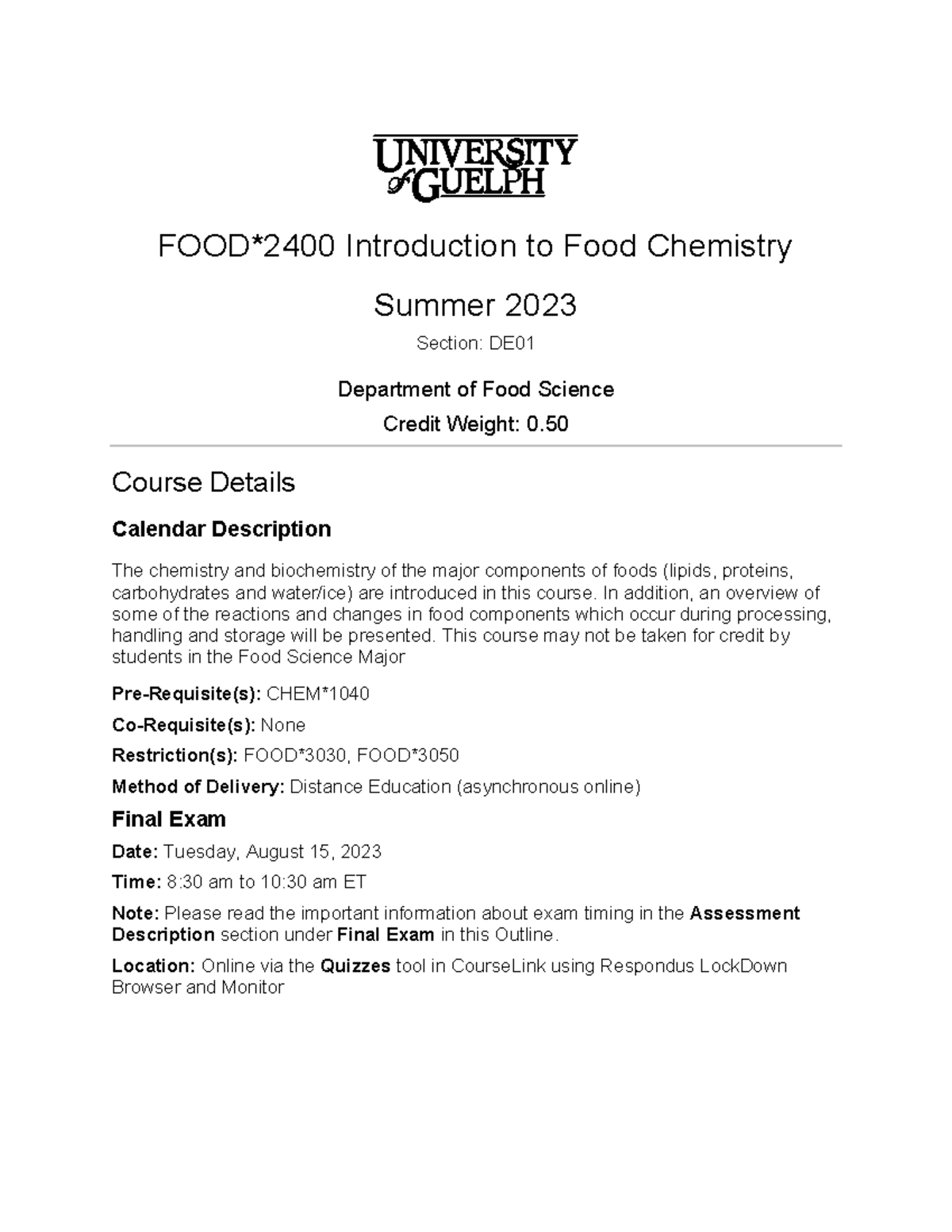 Outline FOOD2400 DE01 S23 final-3 (FE) - FOOD*2400 Introduction to Food ...