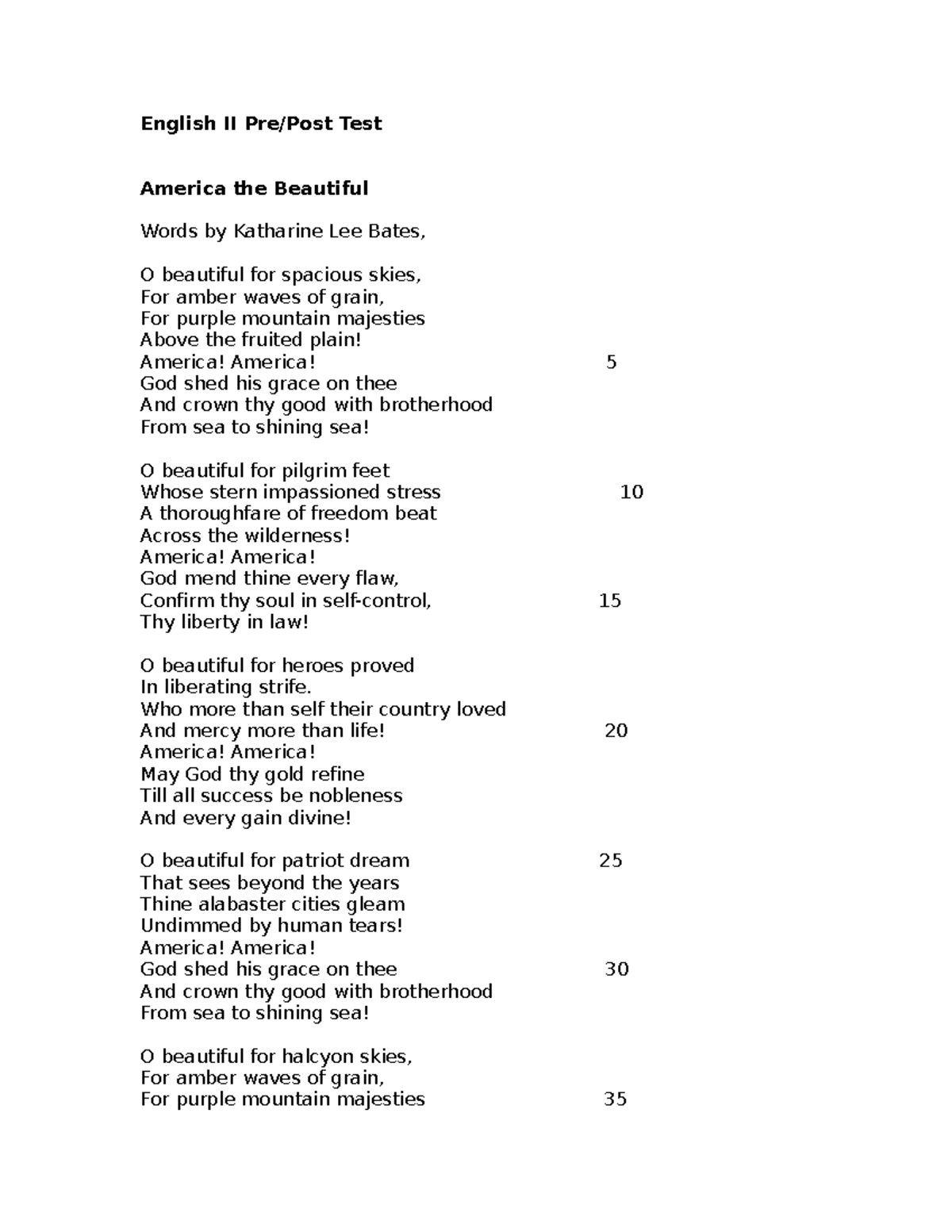 Pre Post Test - English II - English II Pre/Post Test America the ...