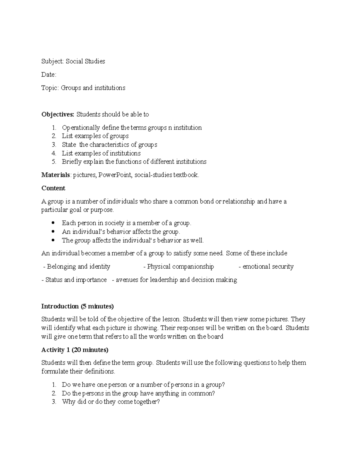Lesson plans - Notes and coursework - Subject: Social Studies Date ...