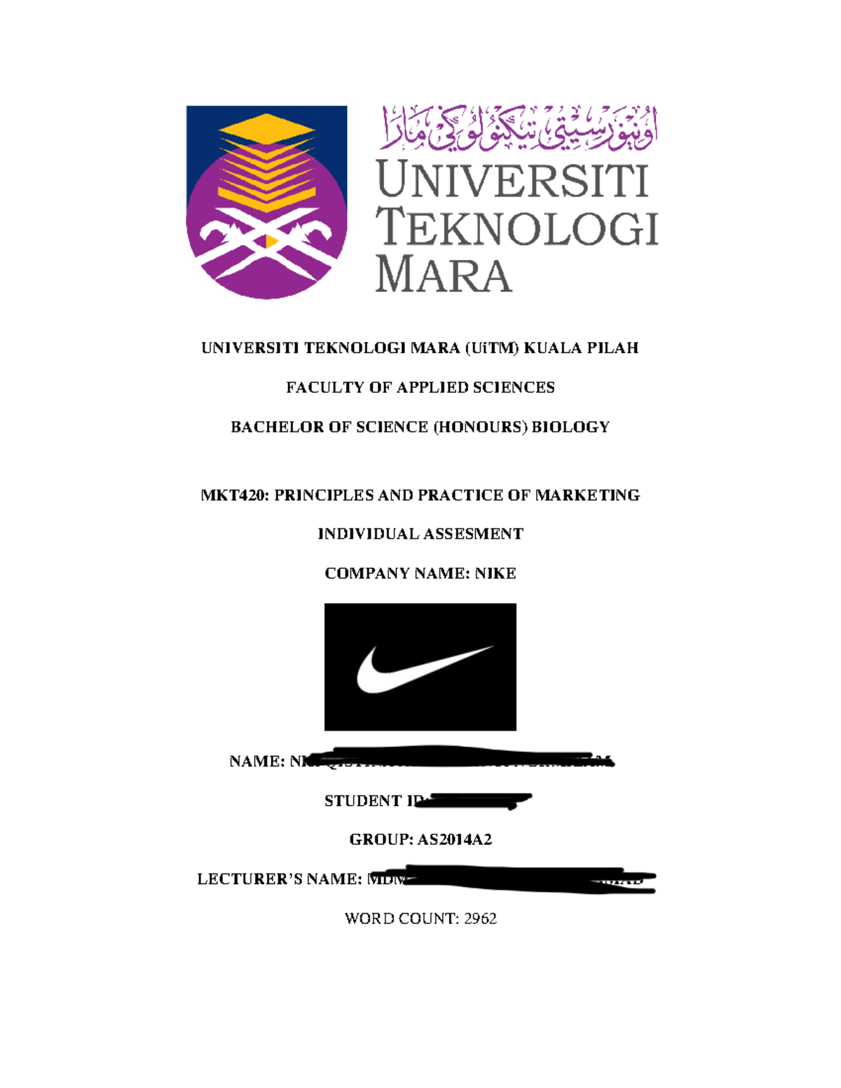 MKT420 IND. Assignment - UNIVERSITI TEKNOLOGI MARA (UiTM) KUALA PILAH ...