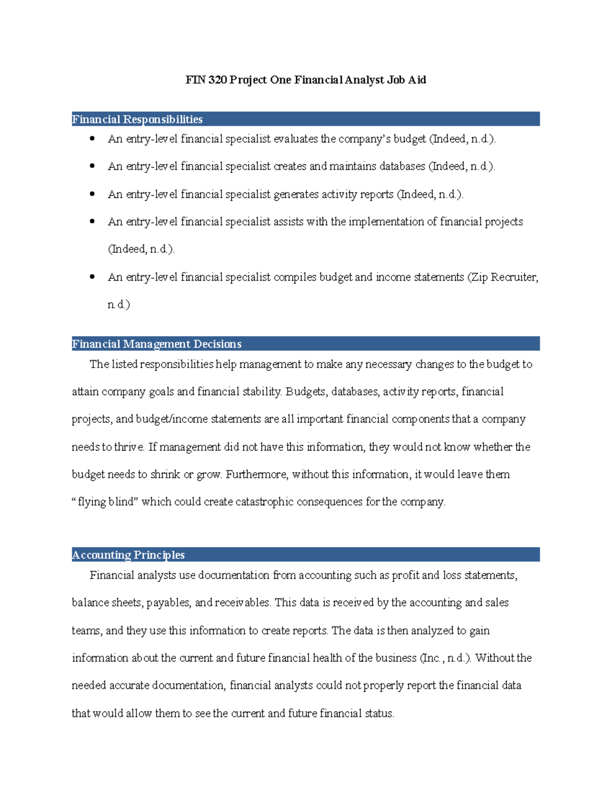 FIN 320 Project One Financial Analyst Job Aid - ). An entry-level ...