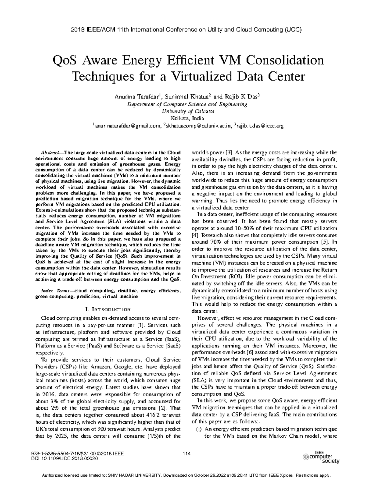 Qo S Aware Energy Efficient Vm Consolidation Techniques For A