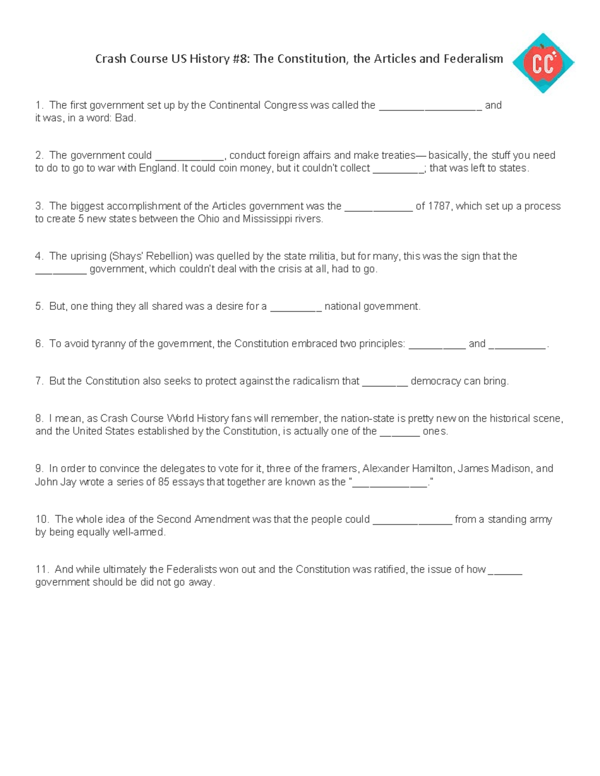 CC#8 The Constitution, the Articles and Federalism - The first ...