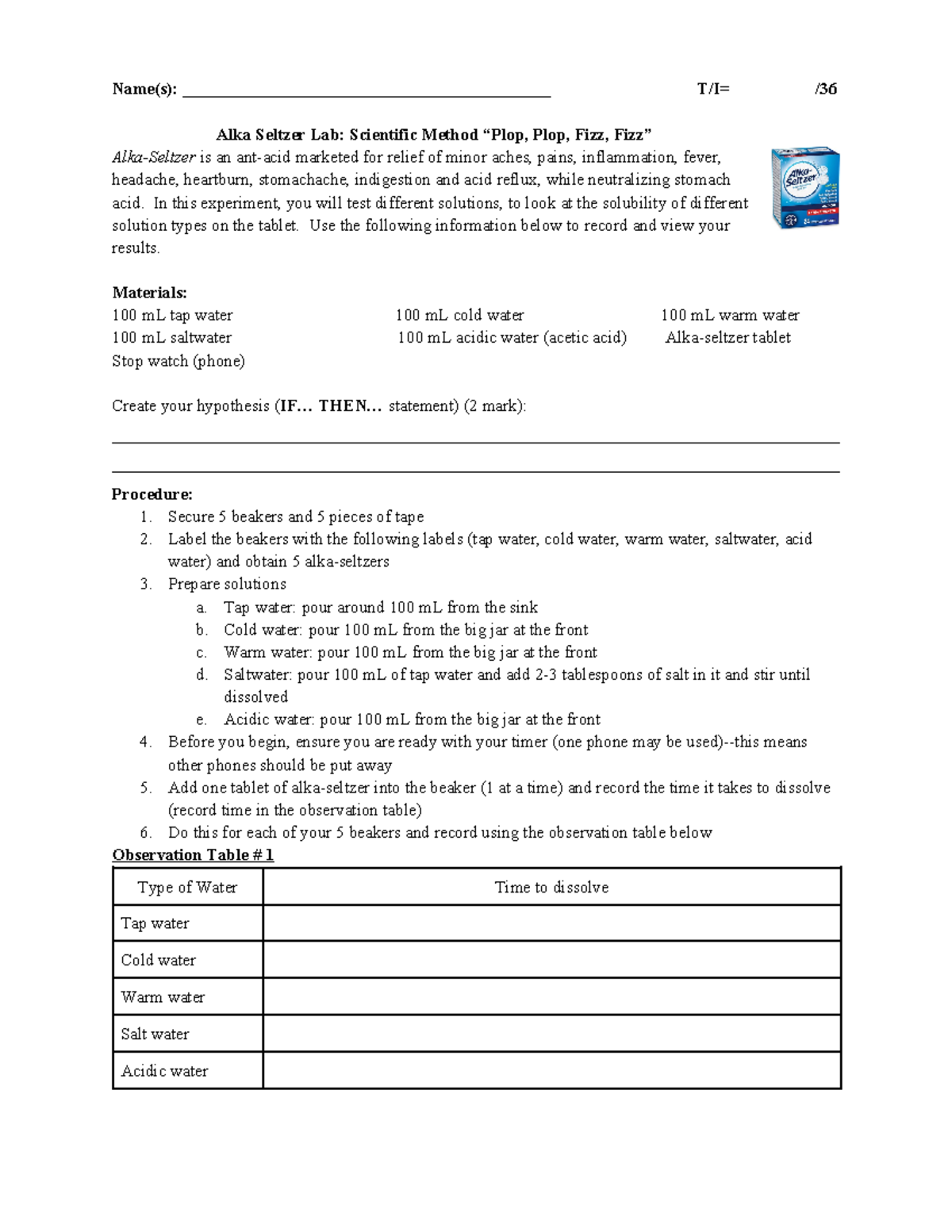 Alkaseltzer Lab - Name(s ...