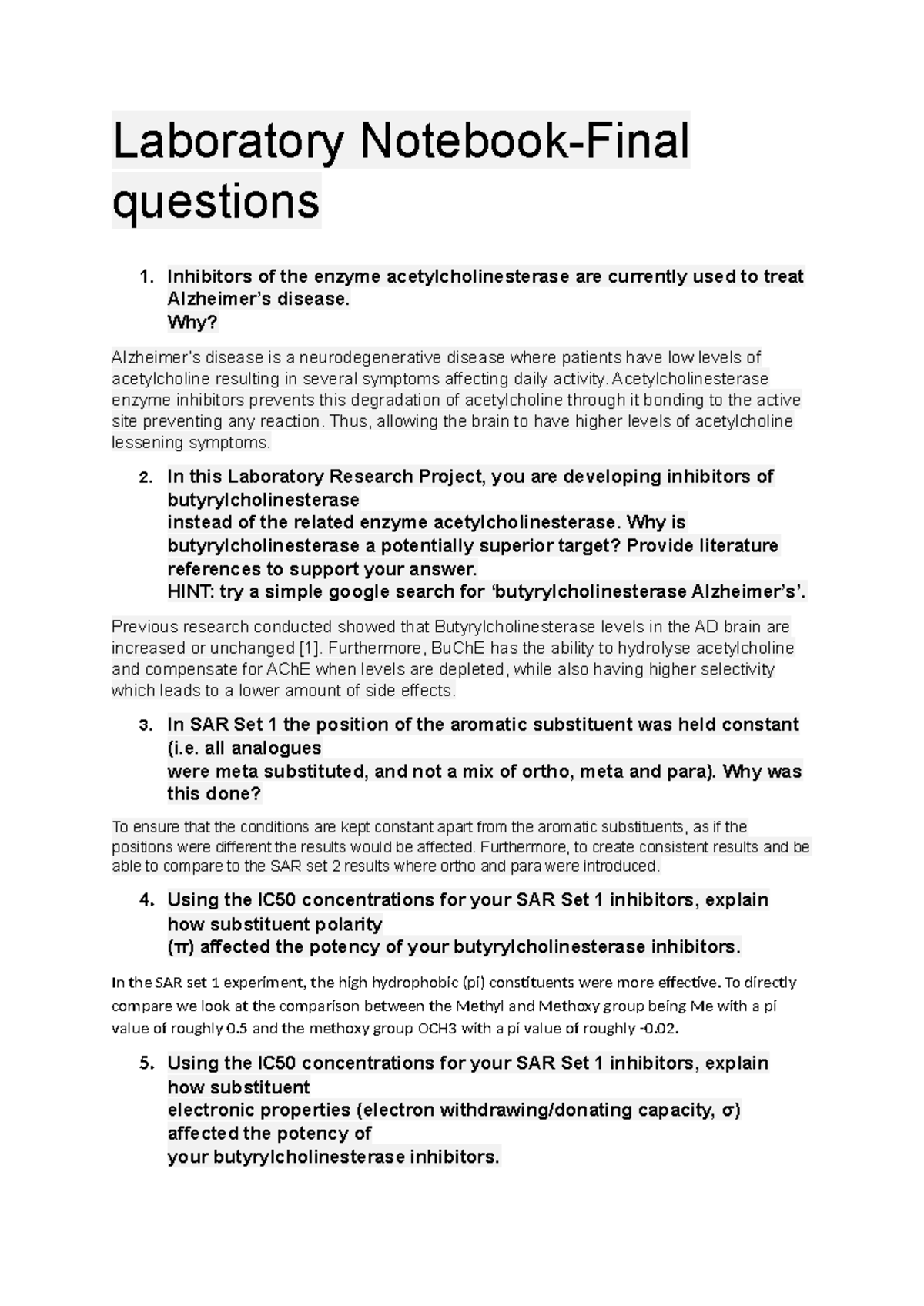 Med Chem Lab Questions - Laboratory Notebook-Final questions 1 ...