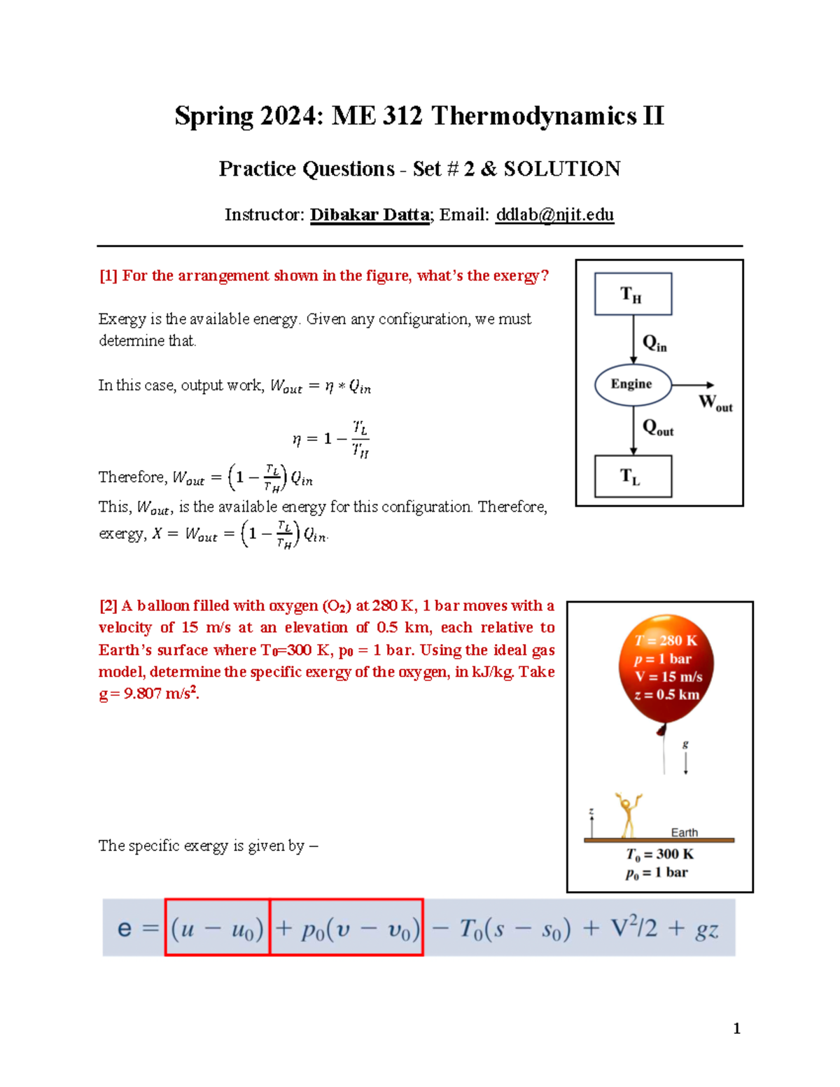 Spring 2024 ME312 Practice Set 2 - Spring 2024 : ME 312 Thermodynamics II Practice Questions ...