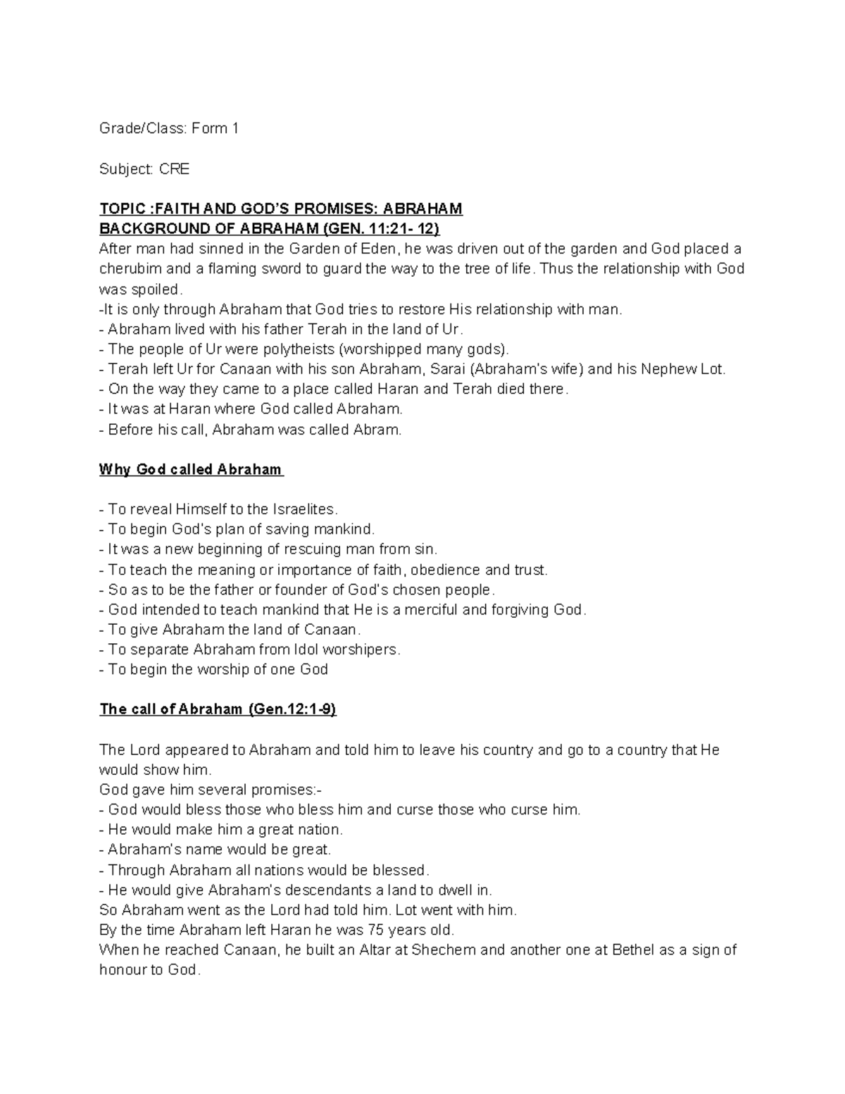Abraham faith - Notes - Grade/Class: Form 1 Subject: CRE TOPIC :FAITH ...