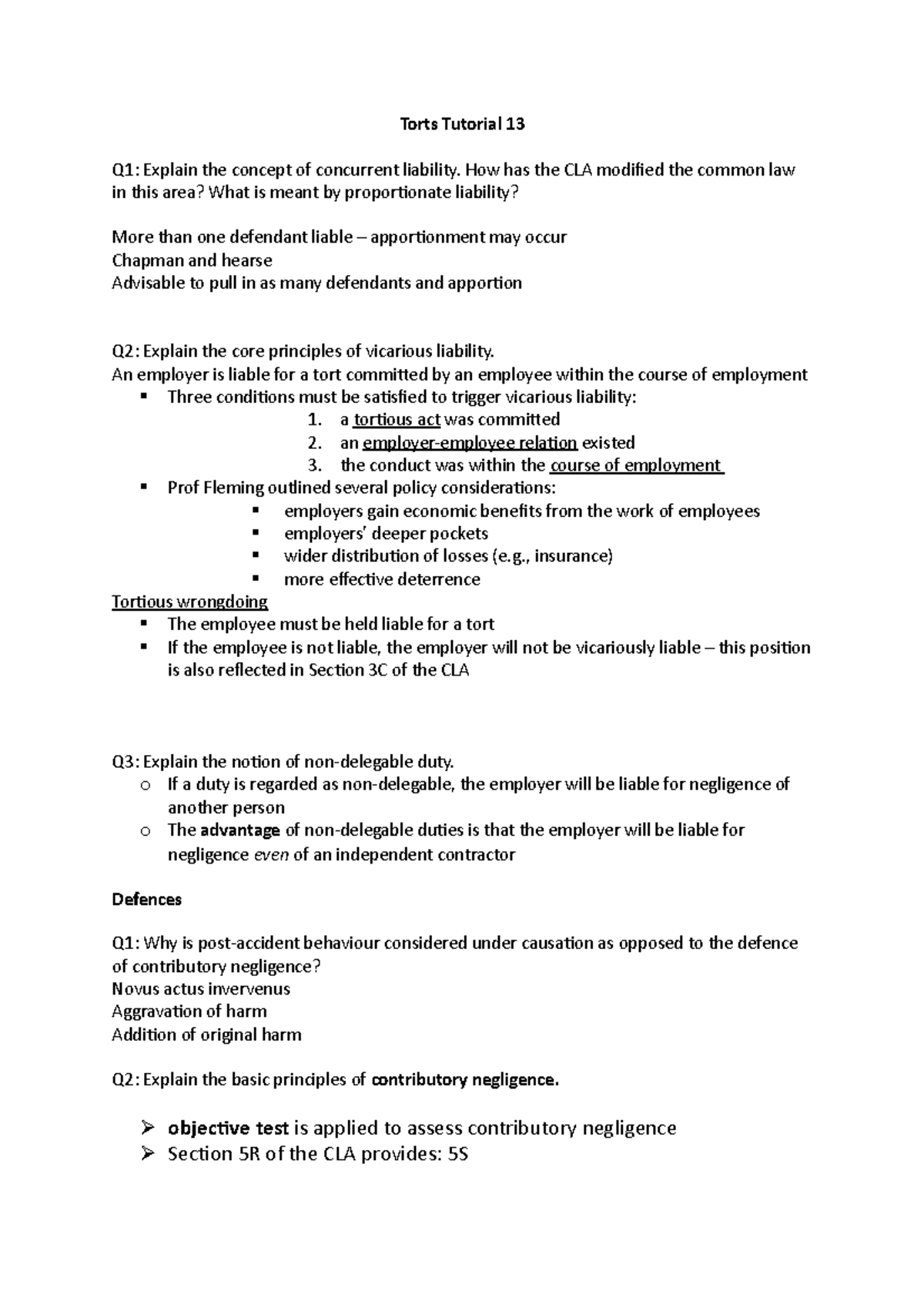 Week 13 Torts Tutorial Tut 13 Questions And Answers Torts Tutorial