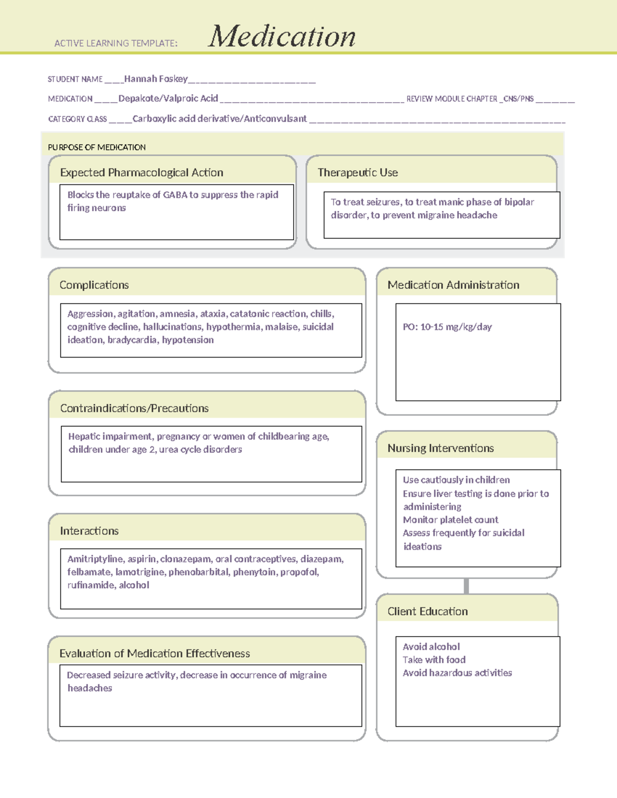 Depakote med card - med card - STUDENT NAME Hannah Foskey ...