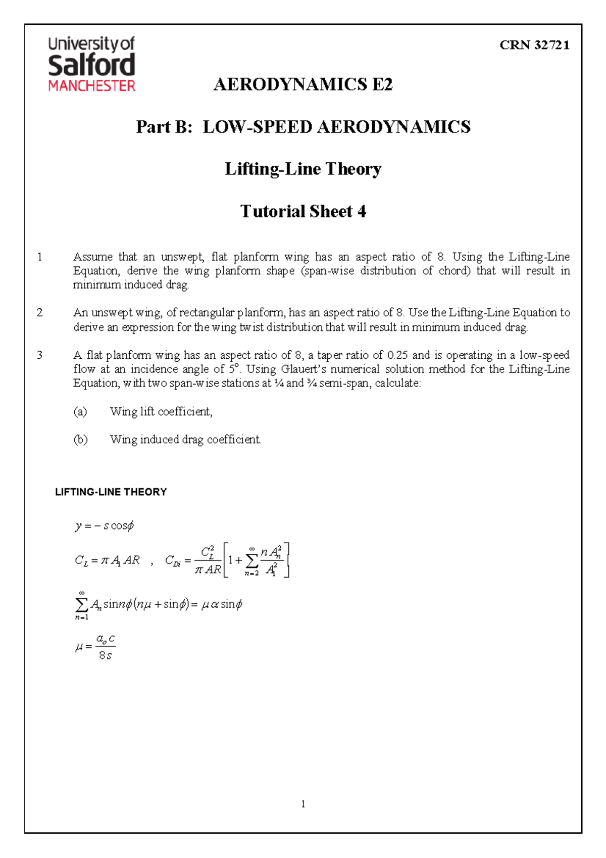 Part B Tutorial Sheet 4 - CRN 32721 1 AERODYNAMICS E Part B: LOW-SPEED ...