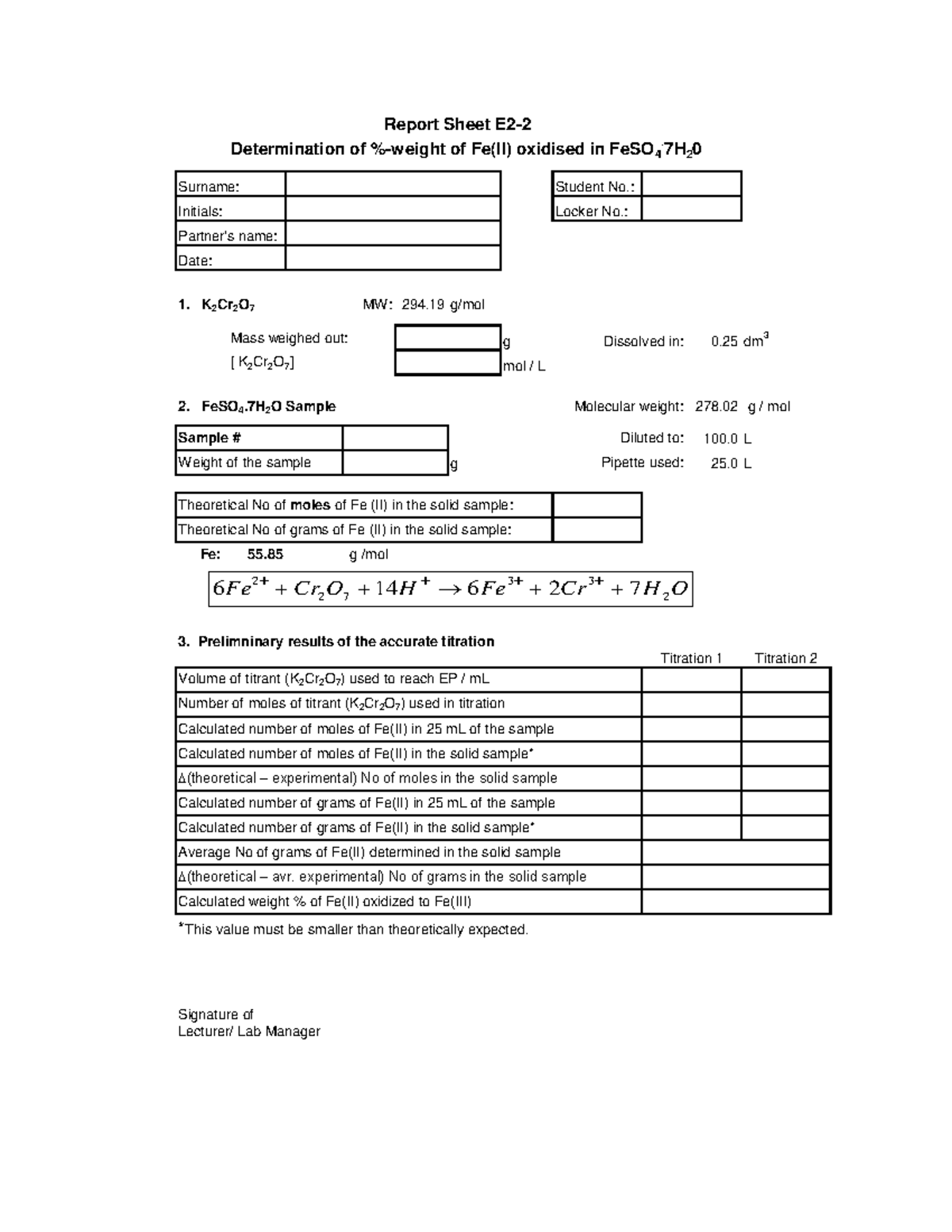 E2-2 Lab results sheet 2024 - Determination of %-weight of Fe(II ...