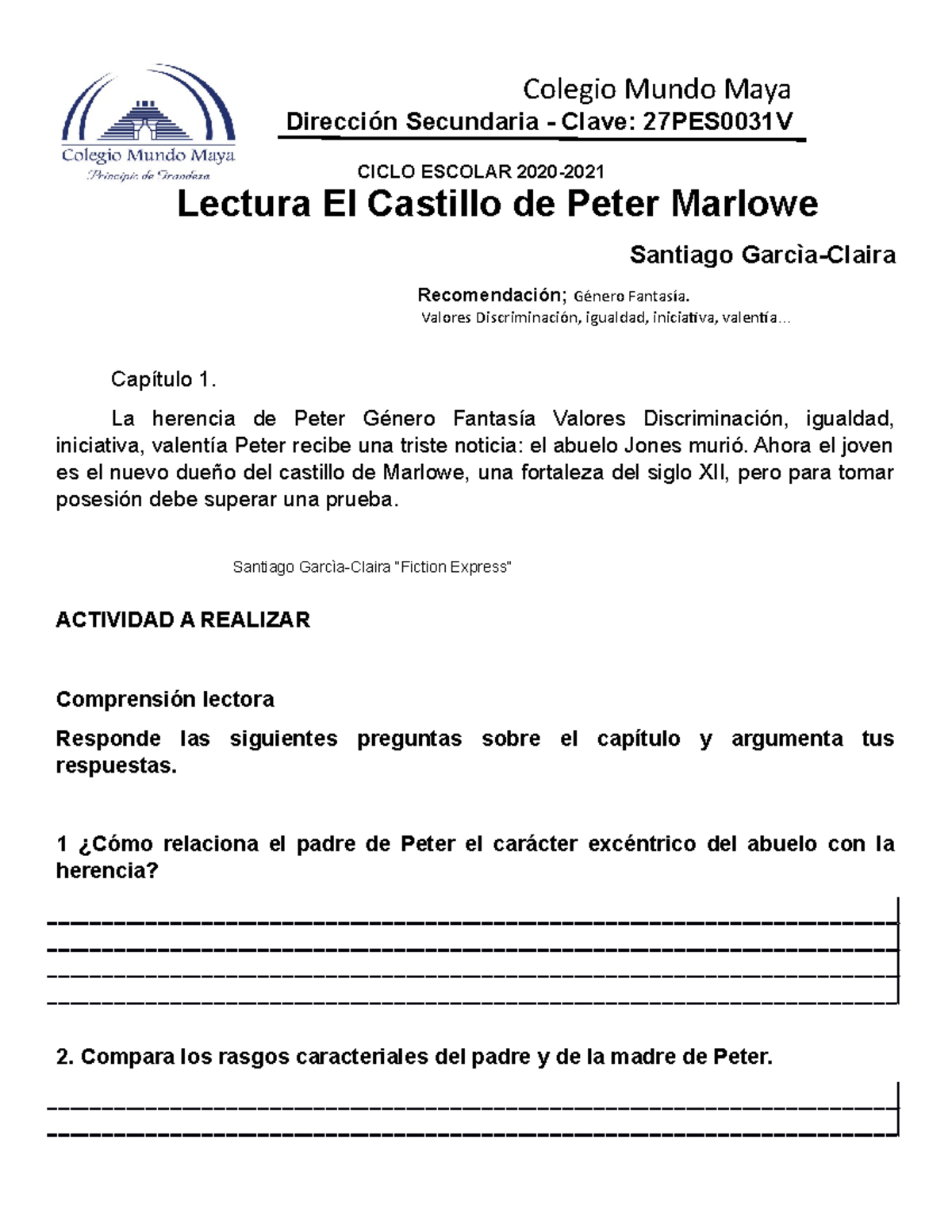 Lectura El Castillo de Peter Marlowe Caìtulo 1 y 2 - Dirección ...