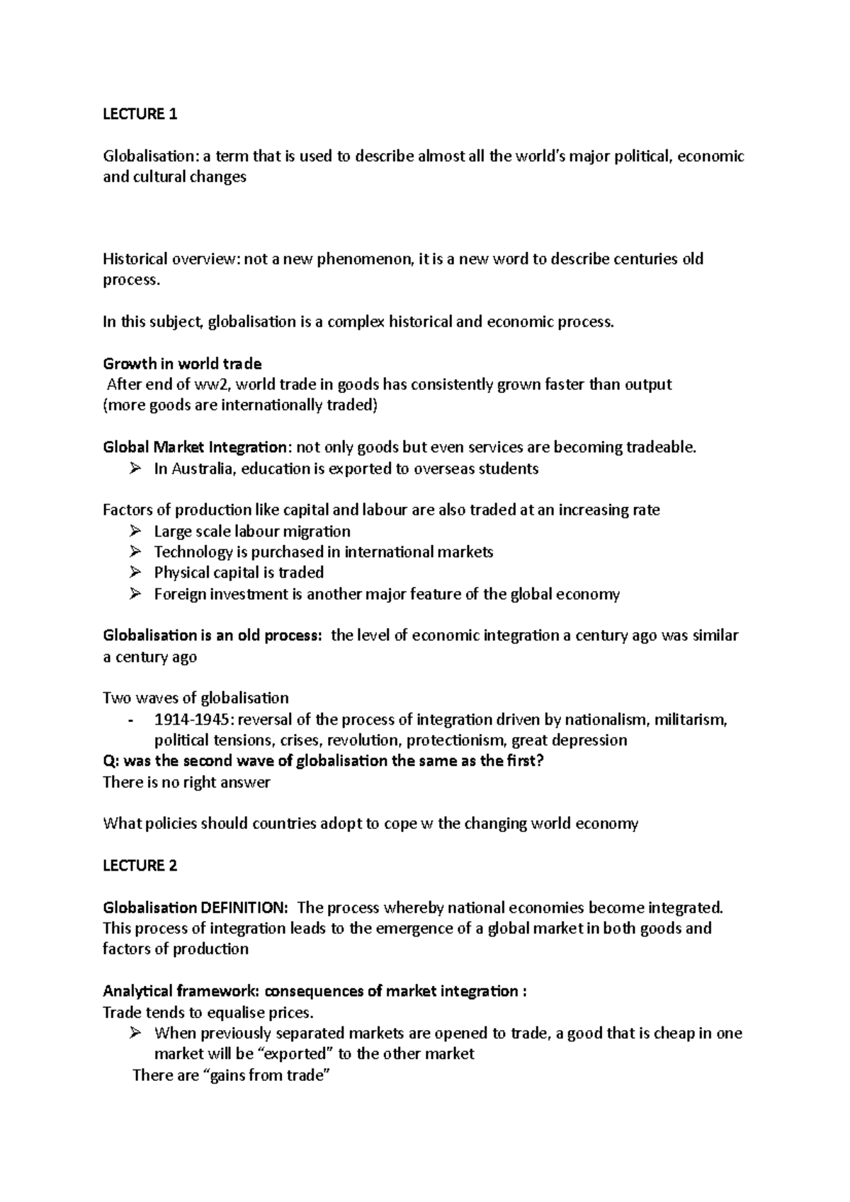 Global notes - LECTURE 1 Globalisation: a term that is used to describe ...