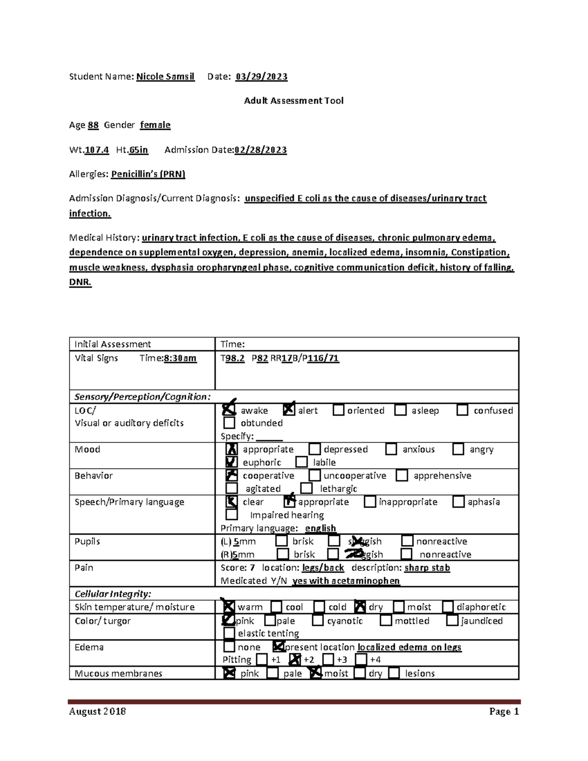 Adult Assessment Tool 2020 Patient 4 - August 2018 Page 1 Student Name ...