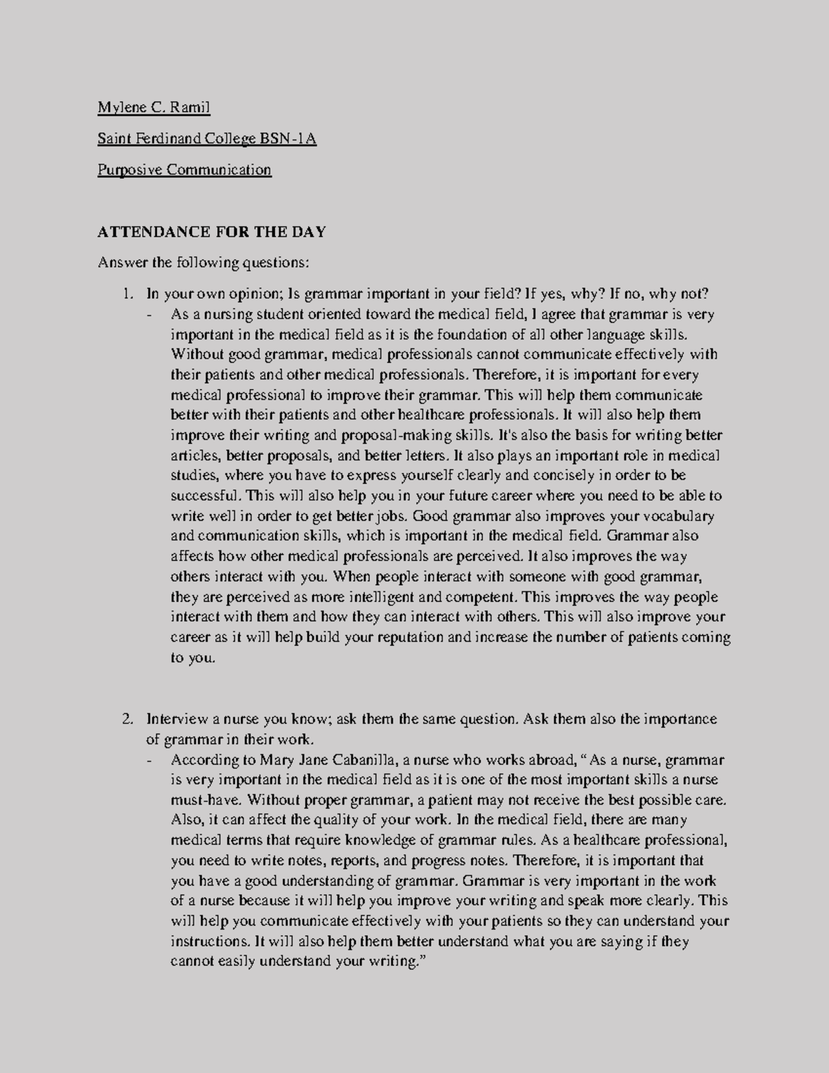 Purposive Comunication TASK 2 - Mylene C. Ramil Saint Ferdinand College BSN-1A Purposive - Studocu