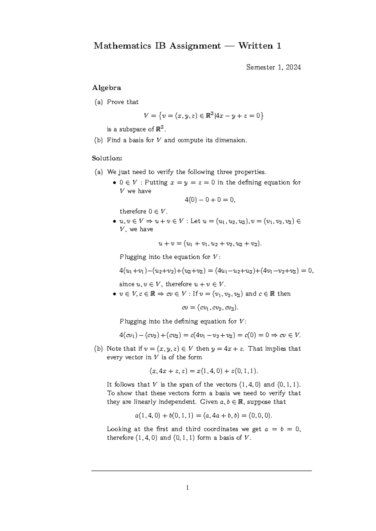 IB 2024s1 written 1 hs - Mathematics IB Assignment — Written 1 Semester ...
